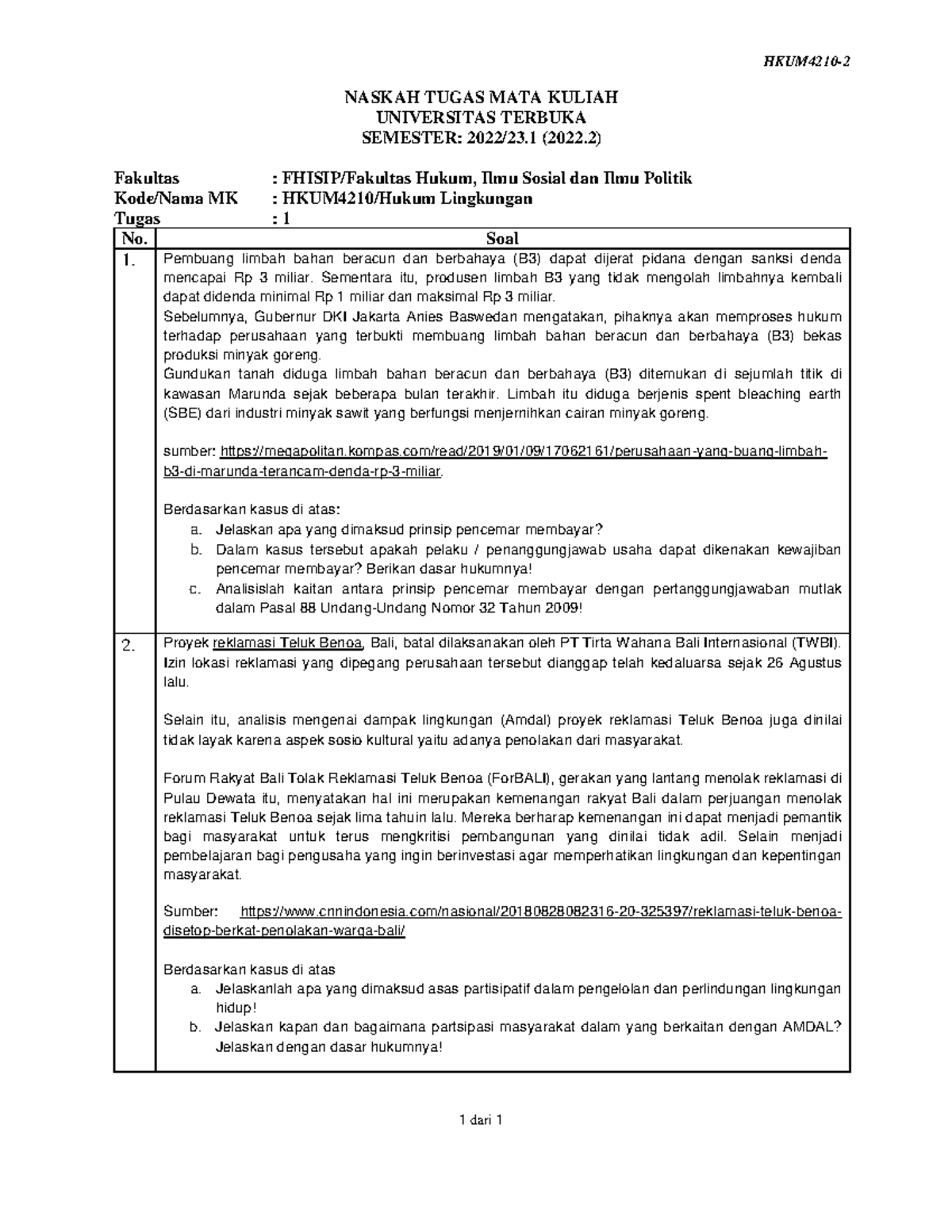 Soal hkum4210 tmk1 2 - SOAL - HKUM4210- 1 dari 1 NASKAH TUGAS MATA KULIAH UNIVERSITAS TERBUKA ...