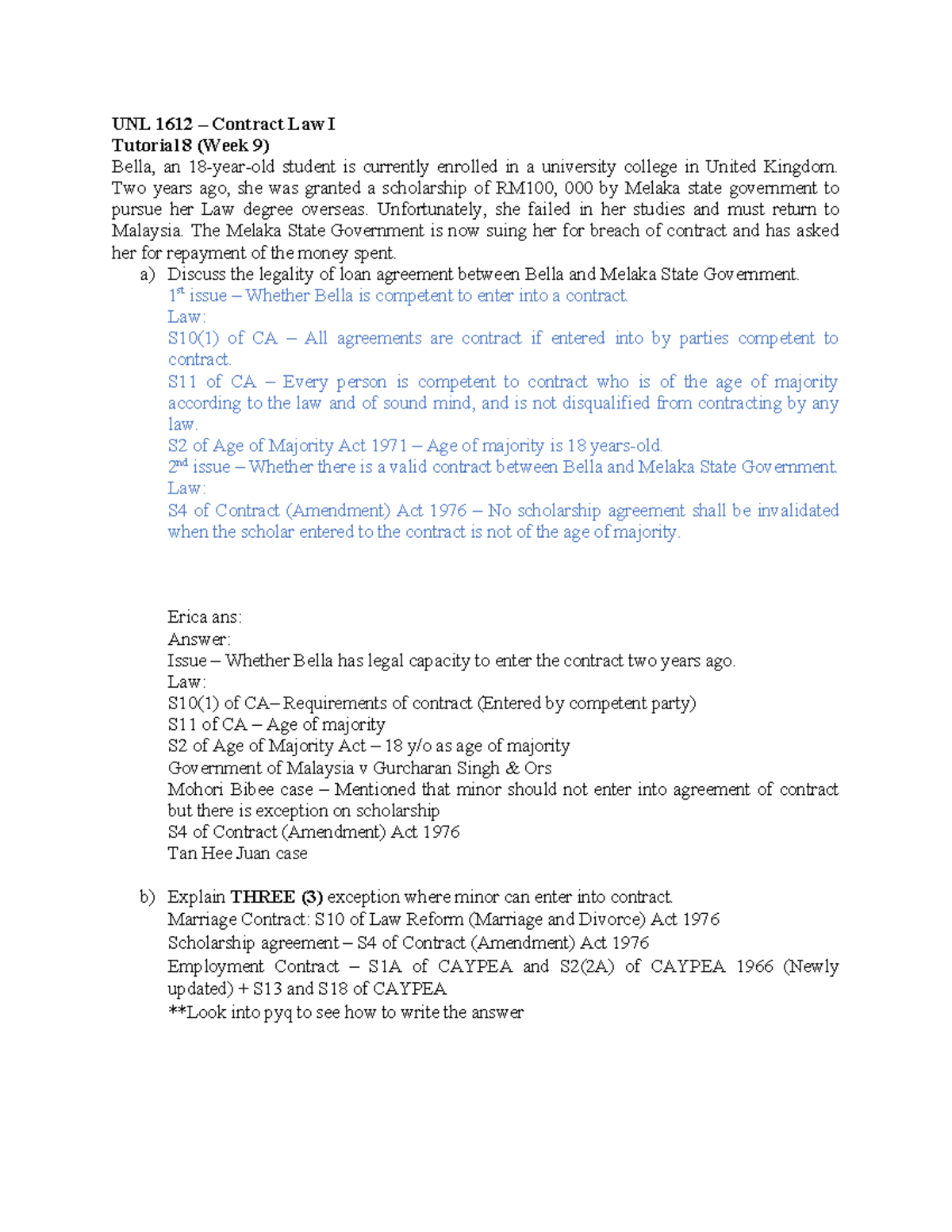 Tutorial 8 Ans - for reference only - UNL 1612 – Contract Law I Tutorial 8 (Week 9) Bella, an ...