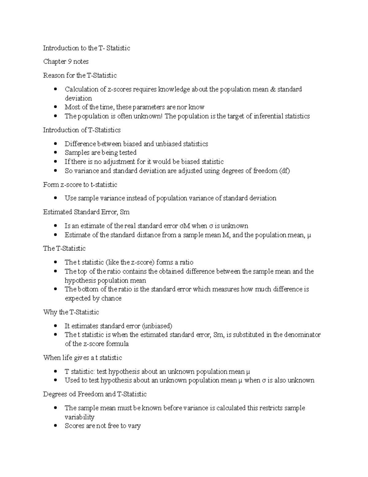 Stasts Chapter 9 notes - Introduction to the T- Statistic Chapter 9 ...