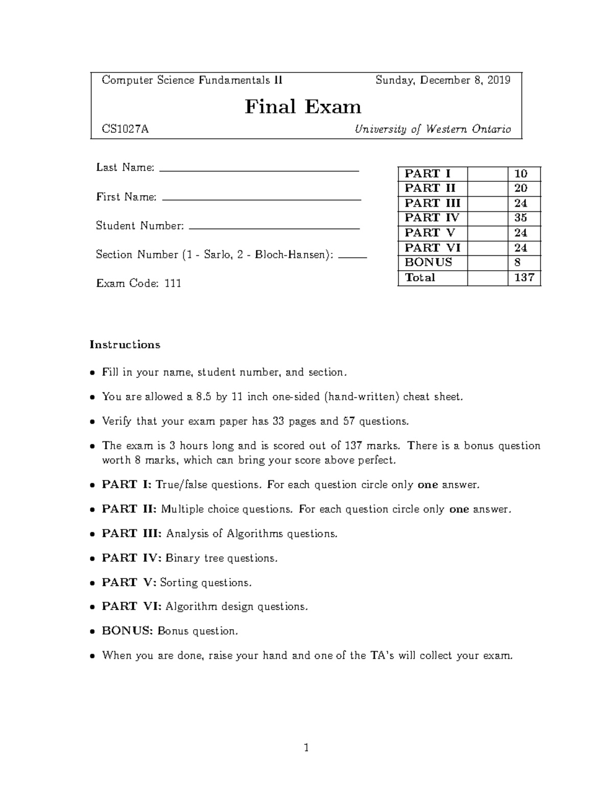 Final 2019 - Computer Science Fundamentals II Sunday, December 8, 2019 ...