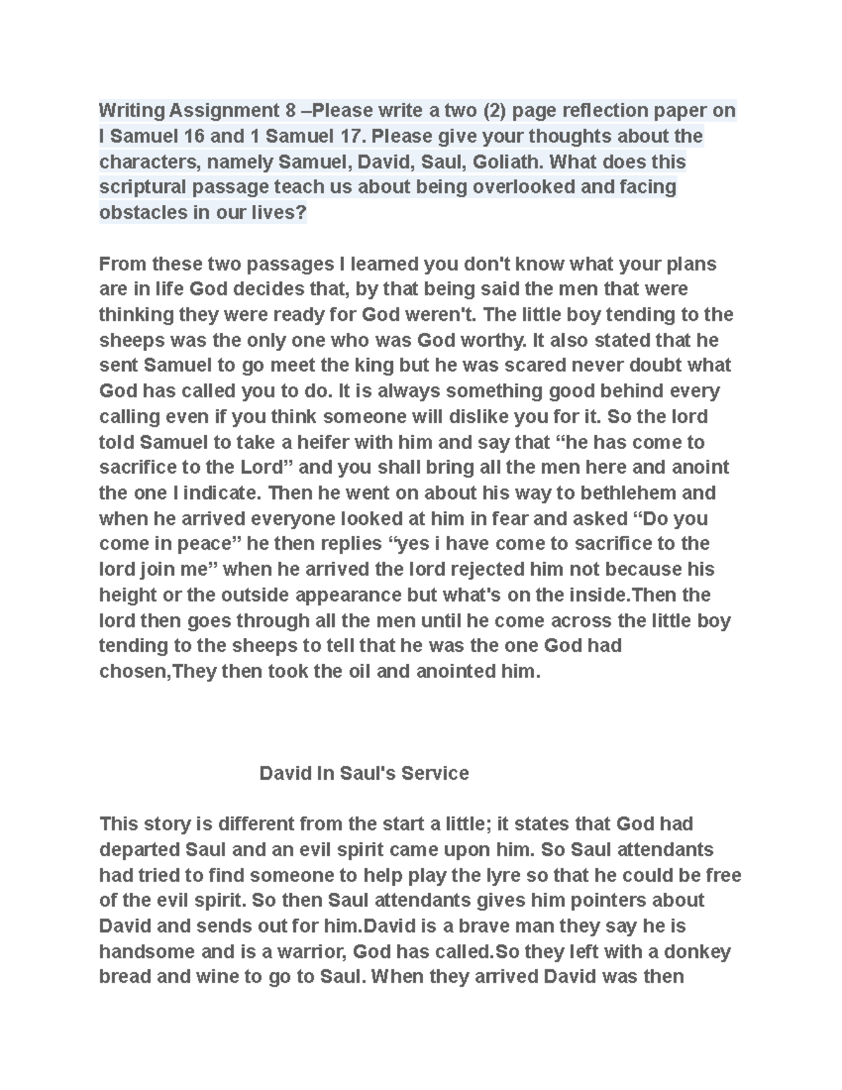 Writing Assignment 8 –Please write a two (2) page reflection paper on I ...