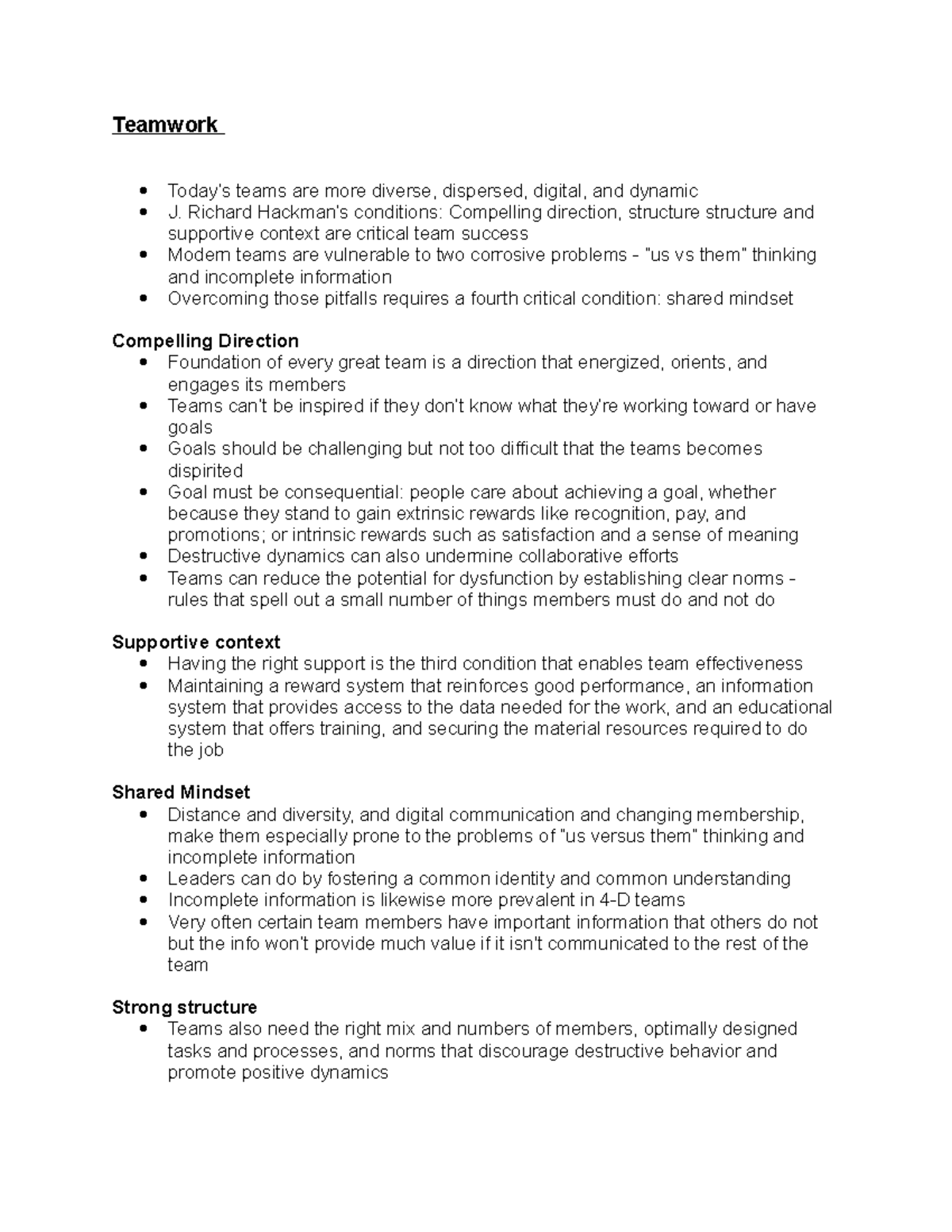 Teamwork - notes taken in class - Teamwork Today’s teams are more ...