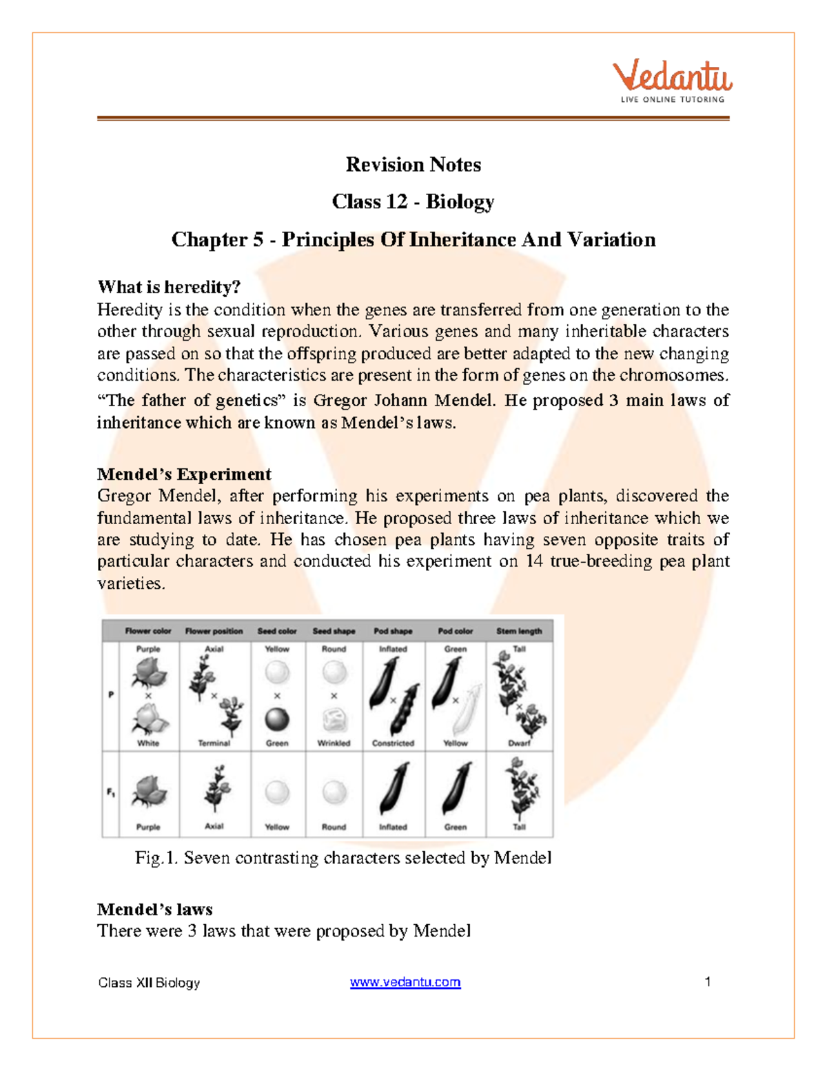 Class 12 Biology Chapter 5 Revision Notes - vedantu 1 Revision Notes ...