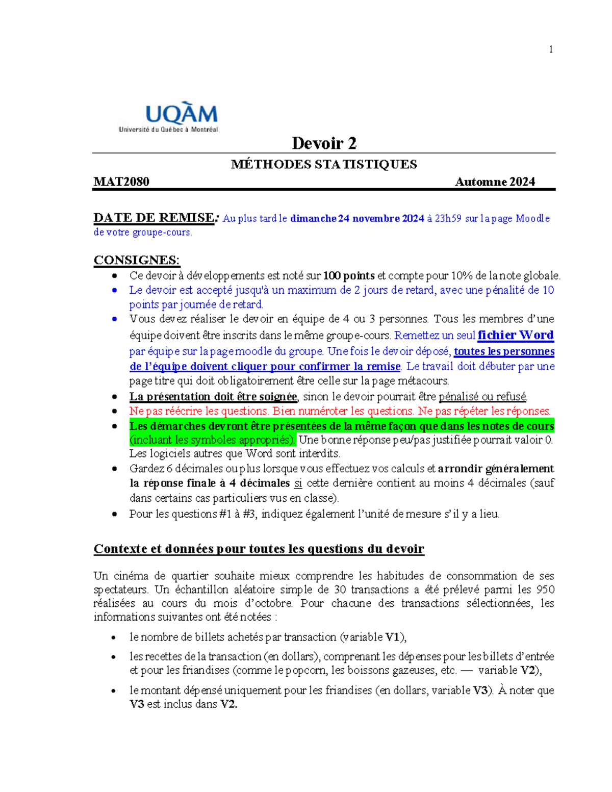 Devoir 2 MAT2080 A24-grp22 - Devoir 2 MÉTHODES STATISTIQUES MAT2080 Automne 2024 DATE DE REMISE ...