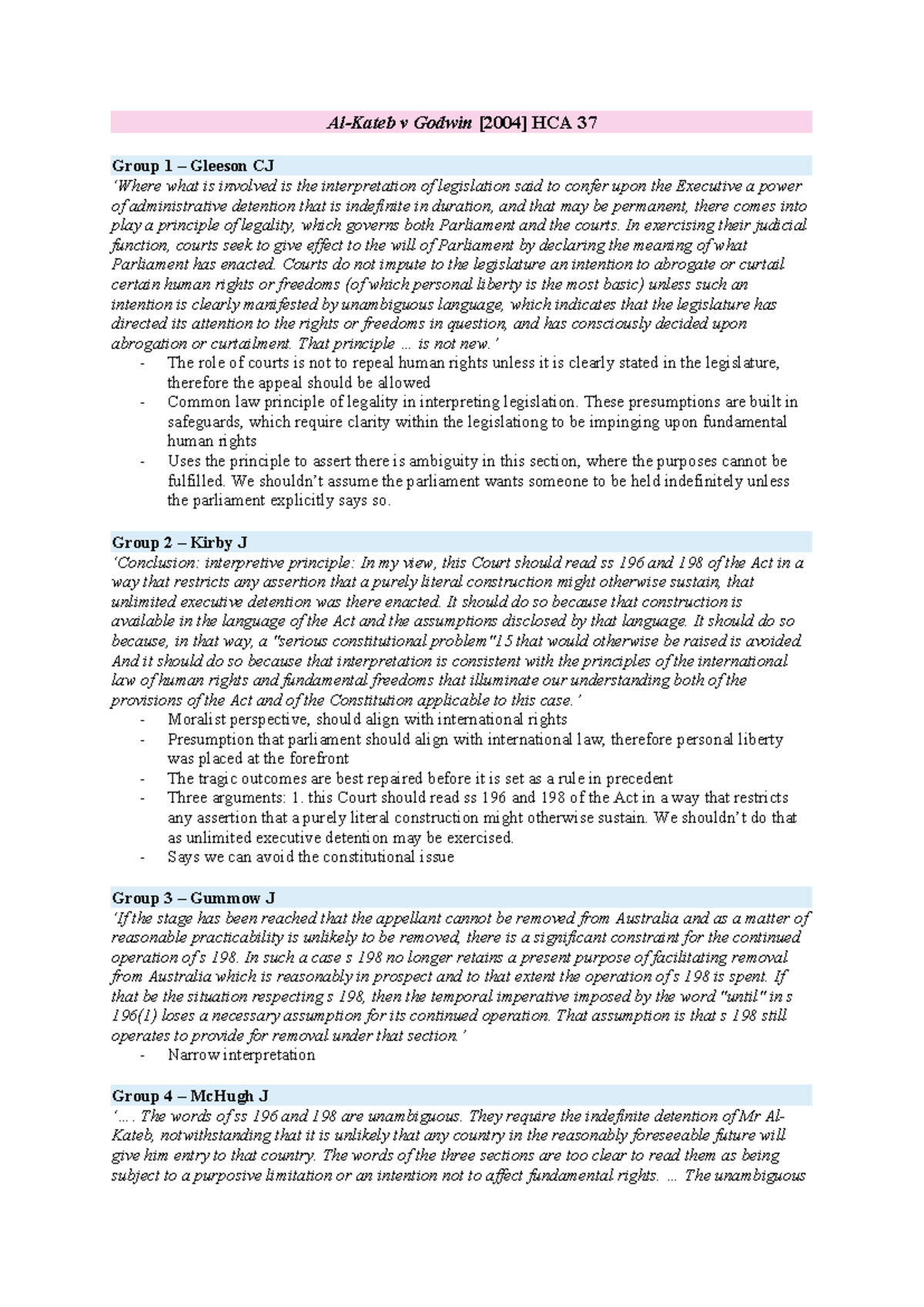 Al-Kateb Judge's Quotes Wk 7 - Al-Kateb v Godwin [2004] HCA 37 Group 1 ...