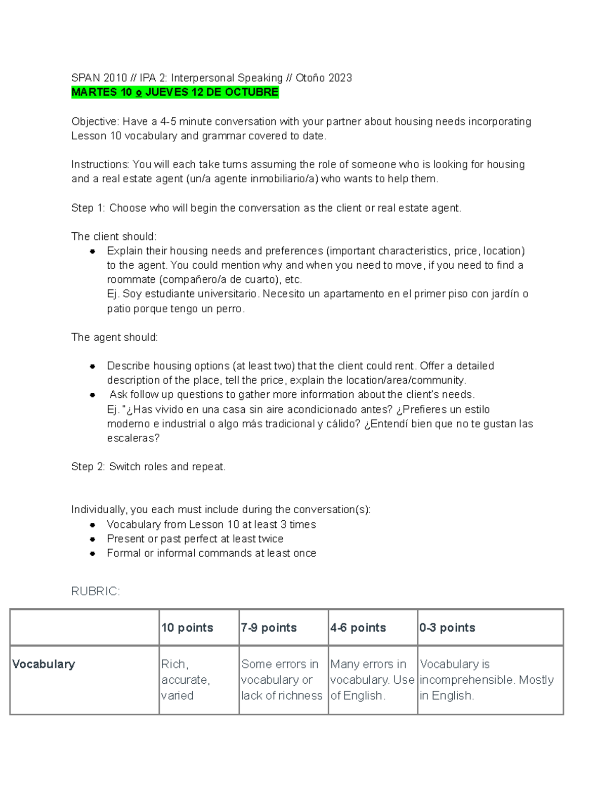 IPA+2 +Interpersonal+Speaking+F23 - SPAN 2010 // IPA 2: Interpersonal ...