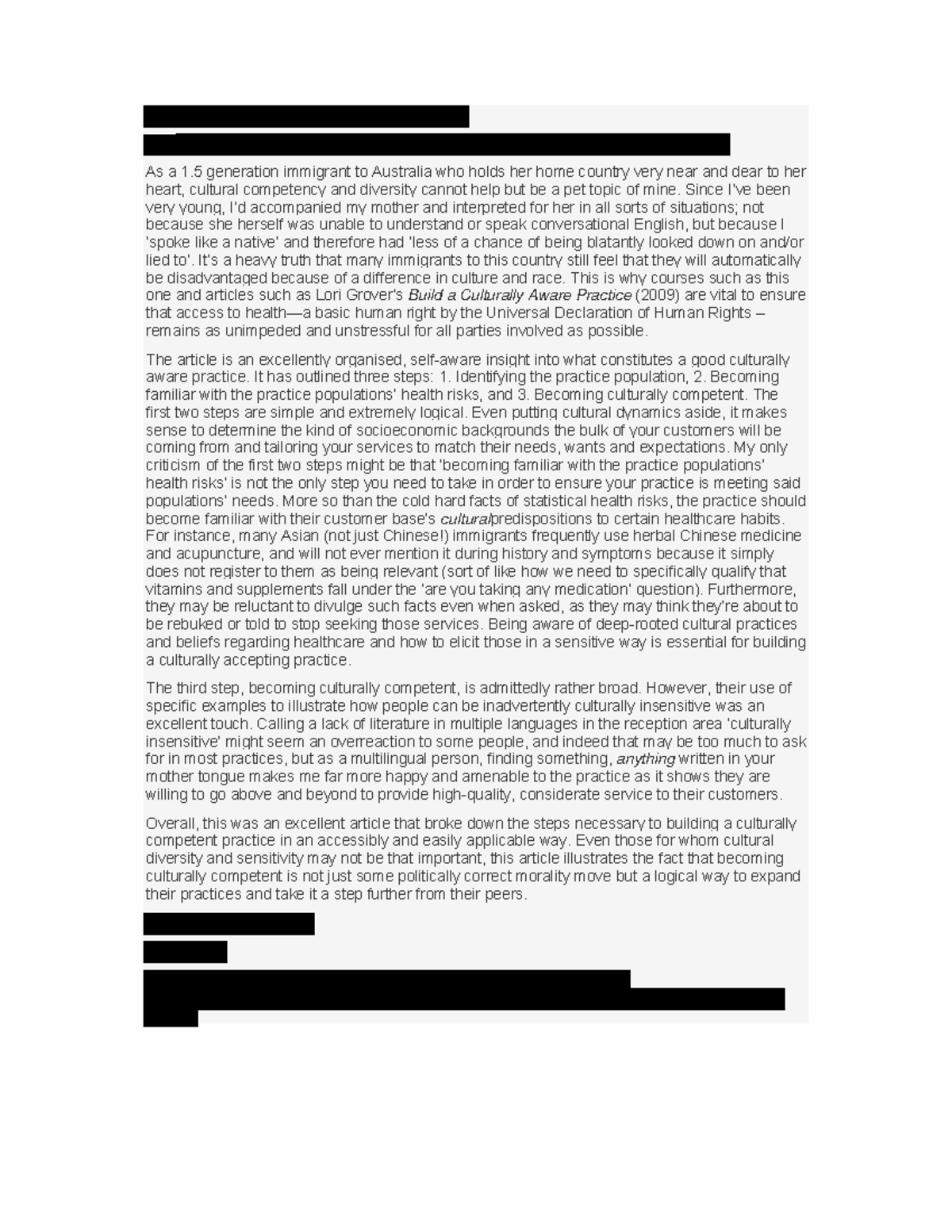 Cultural Competency Review Examples Redacted - As a 1 generation ...