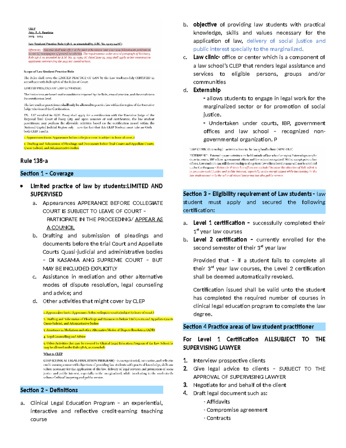 CLEP Notes - Rule 138-a Section 1 – Coverage Limited practice of law by ...