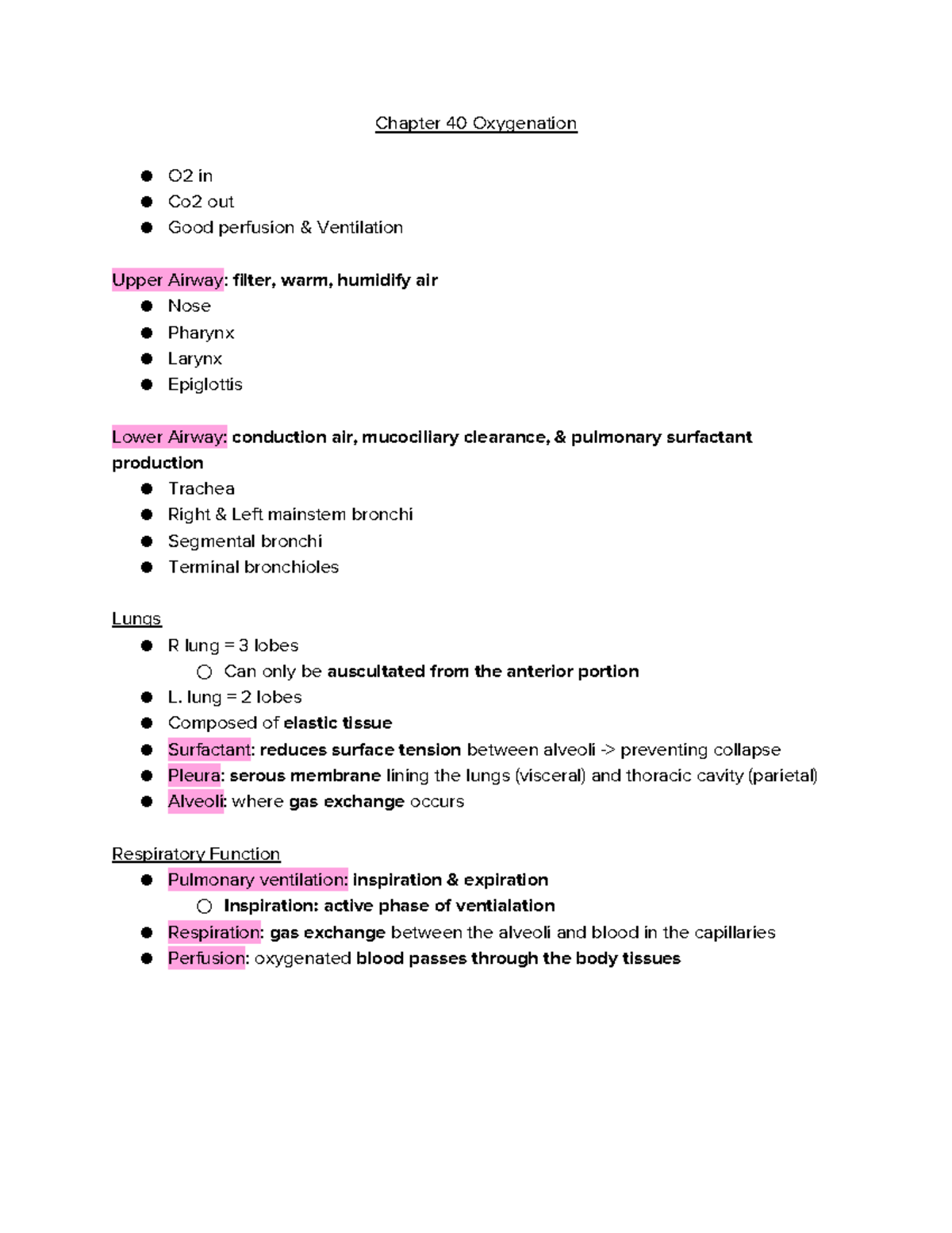 Funds - Chapter 40 Oxygenation O2 in Co2 out Good perfusion & Ventilation Upper Airway: - Studocu
