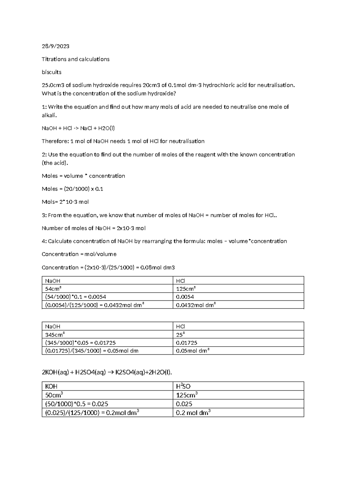 Unit 2a - idk - 28/9/ Titrations and calculations biscuits 25 of sodium ...