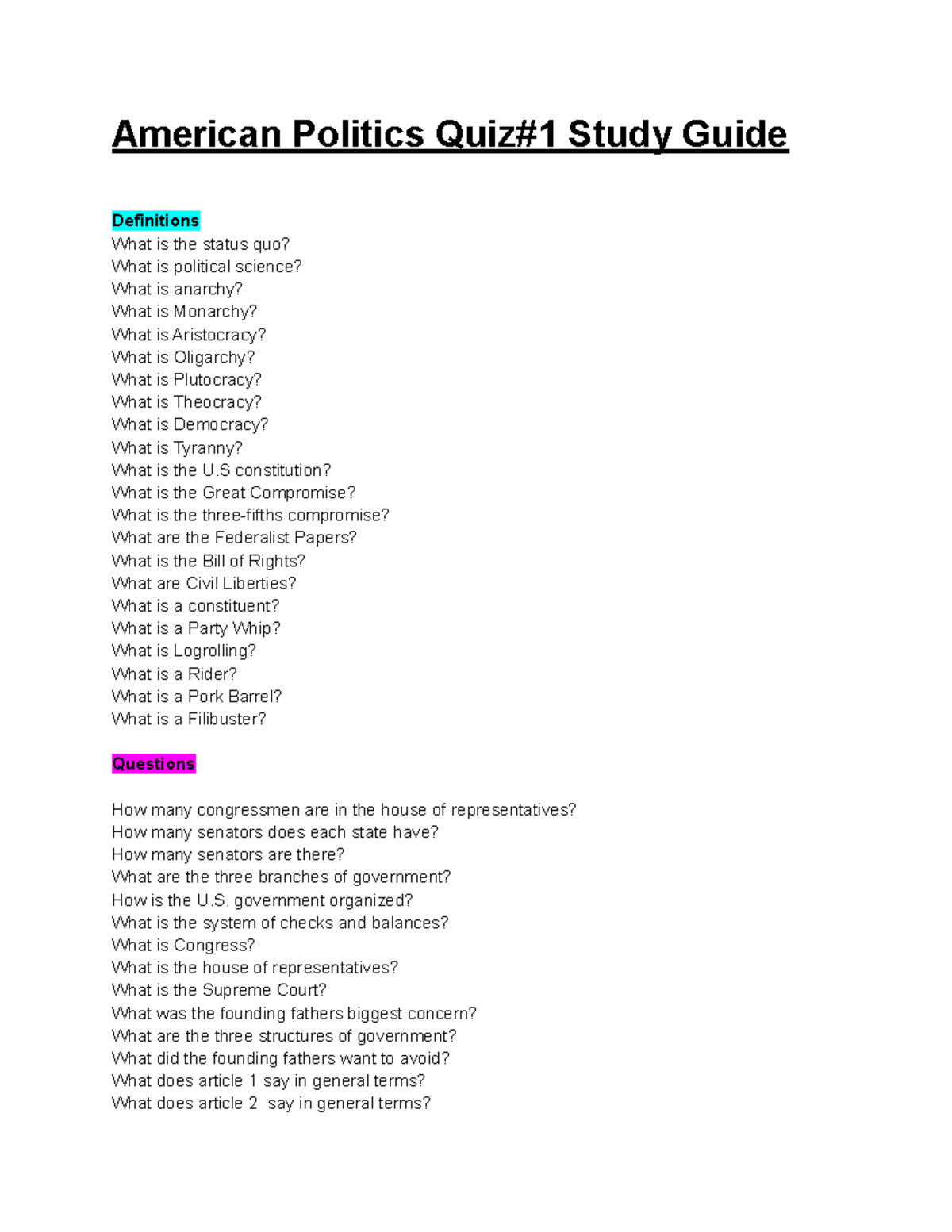 American Politics Quiz#1 Study Guide - American Politics Quiz#1 Study ...