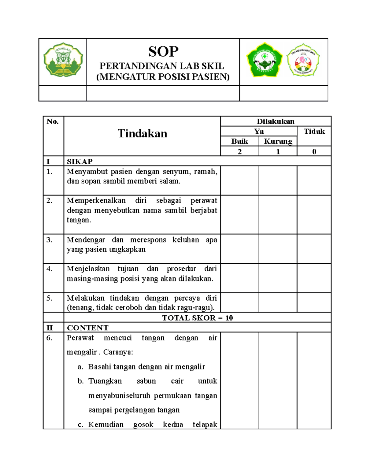 Sop Posisi Oke Sop Sop Pertandingan Lab Skil Mengatur Posisi Pasien No Tindakan Dilakukan