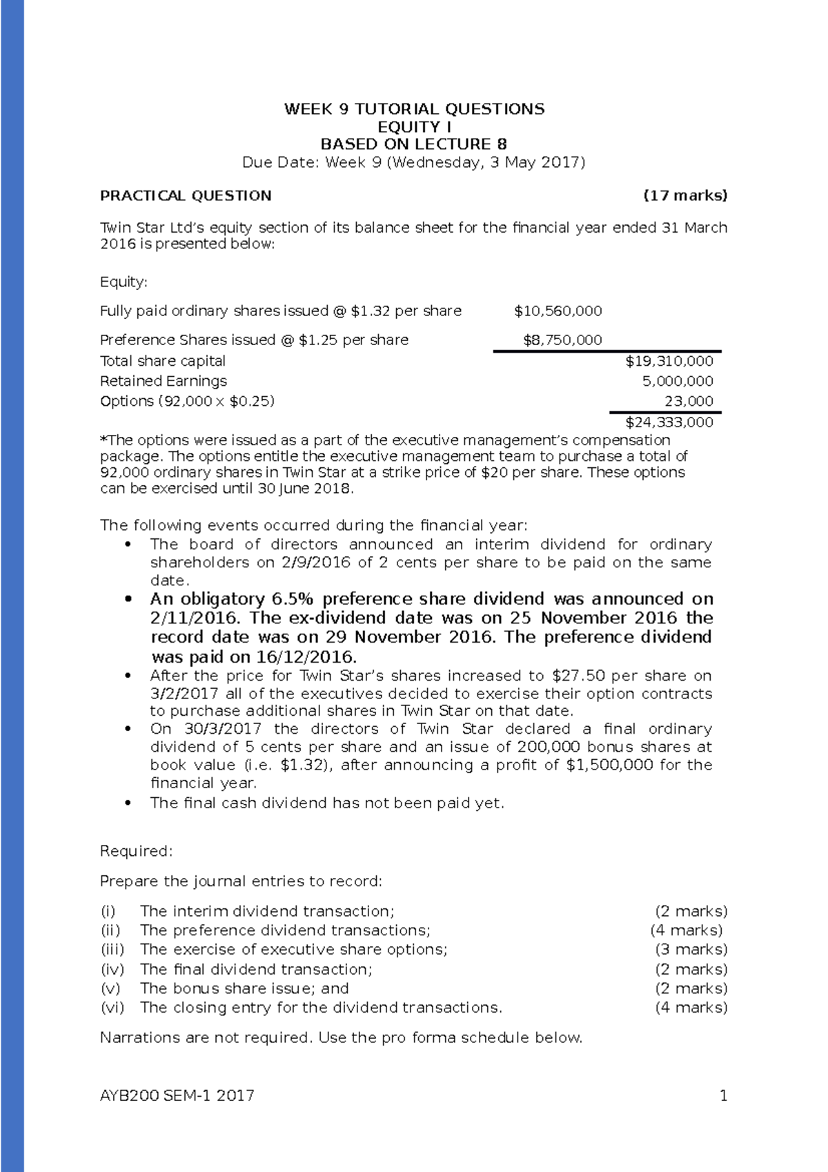 Final WEEK 9 Tutorial Questions - WEEK 9 TUTORIAL QUESTIONS EQUITY I ...