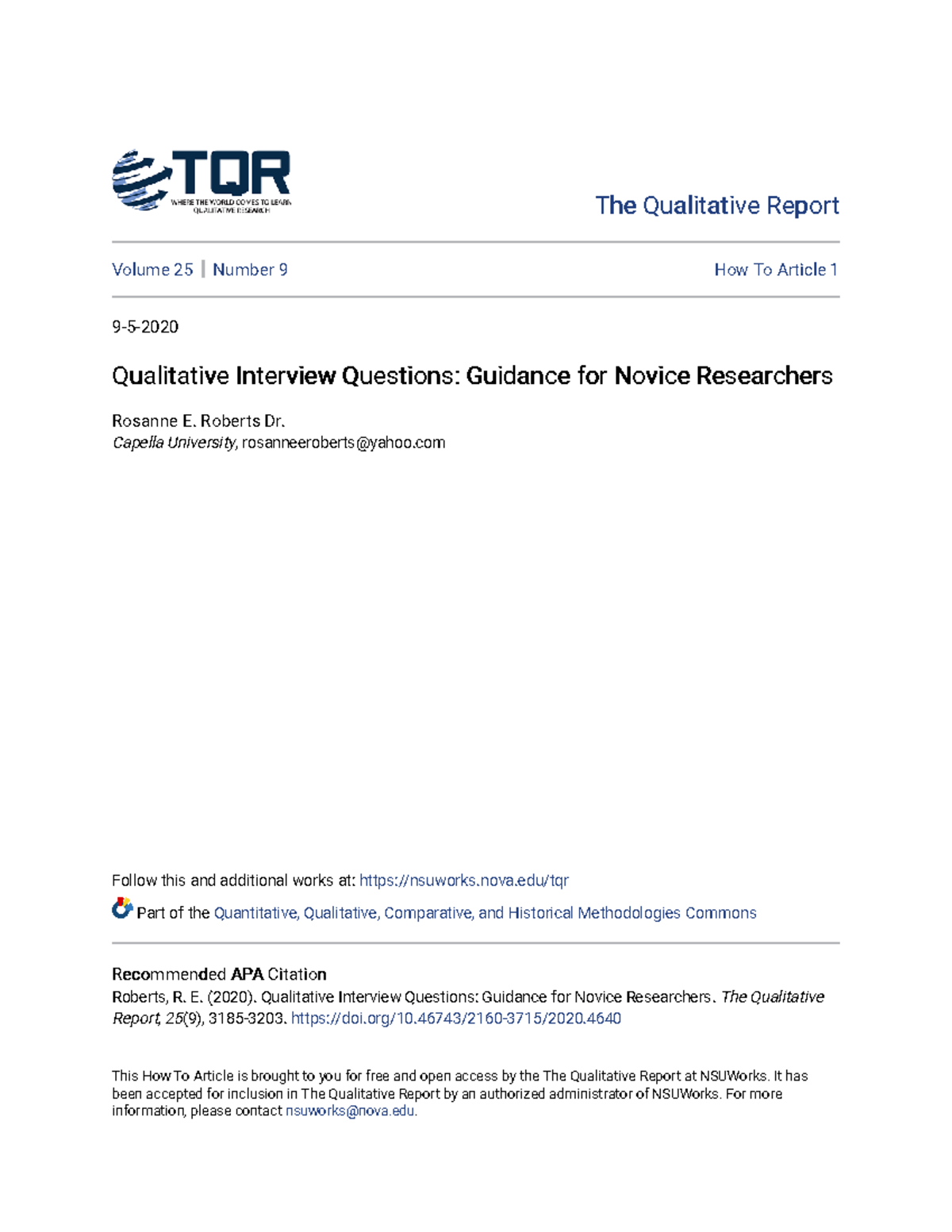 Qualitative Interview Questions Guidance for Novic - Roberts Dr ...