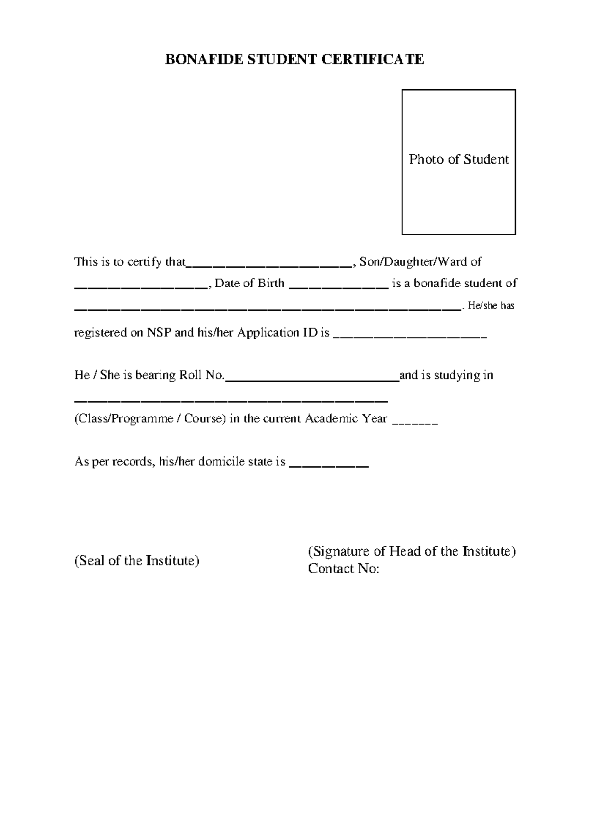 Nsp Bonafide formate 2 6 - Photo of Student BONAFIDE STUDENT ...