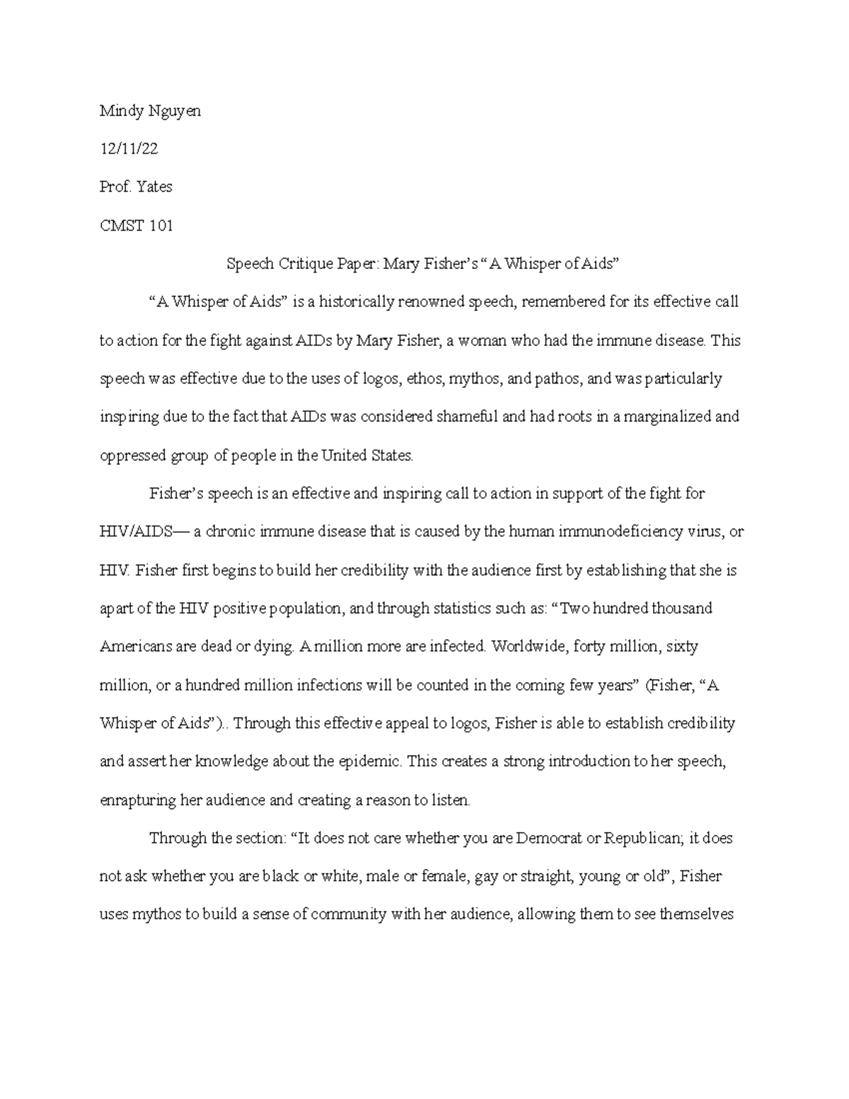 Speech Critique Paper (CMST 101) - Mindy Nguyen 12/11/ Prof. Yates CMST ...