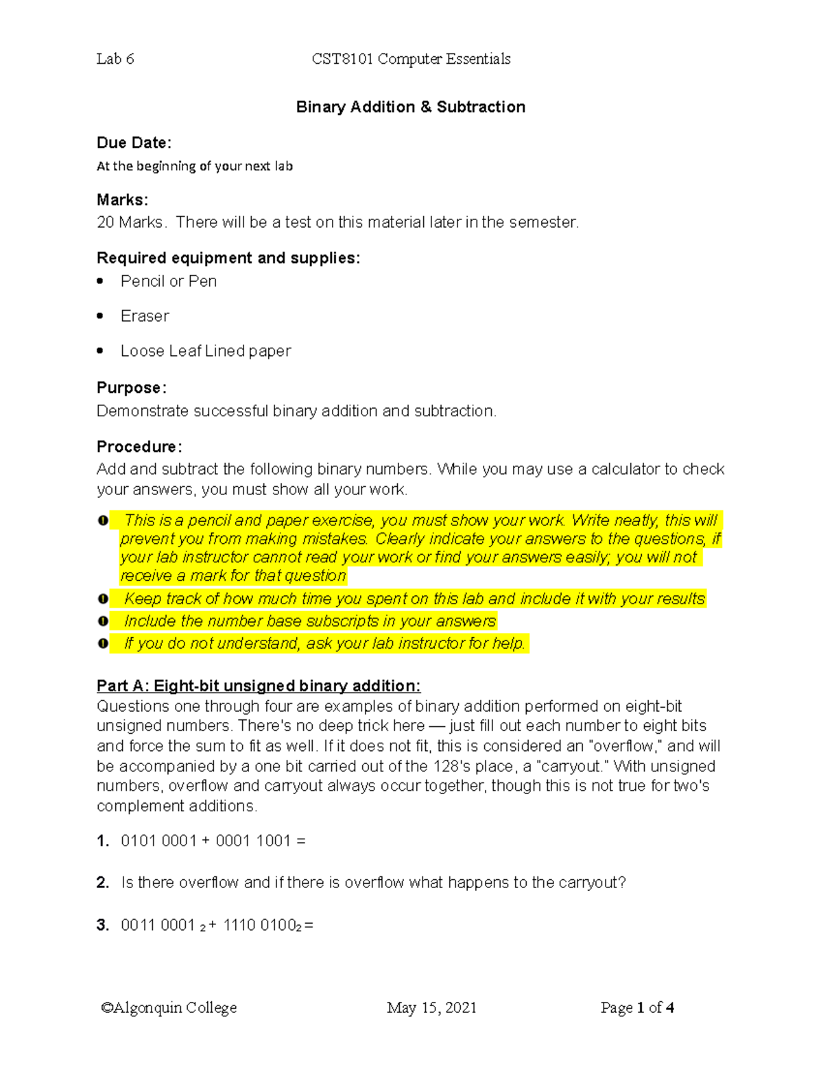 CST8101 Lab 6 Binary addition and subtraction questions - Binary Addition & Subtraction Due ...