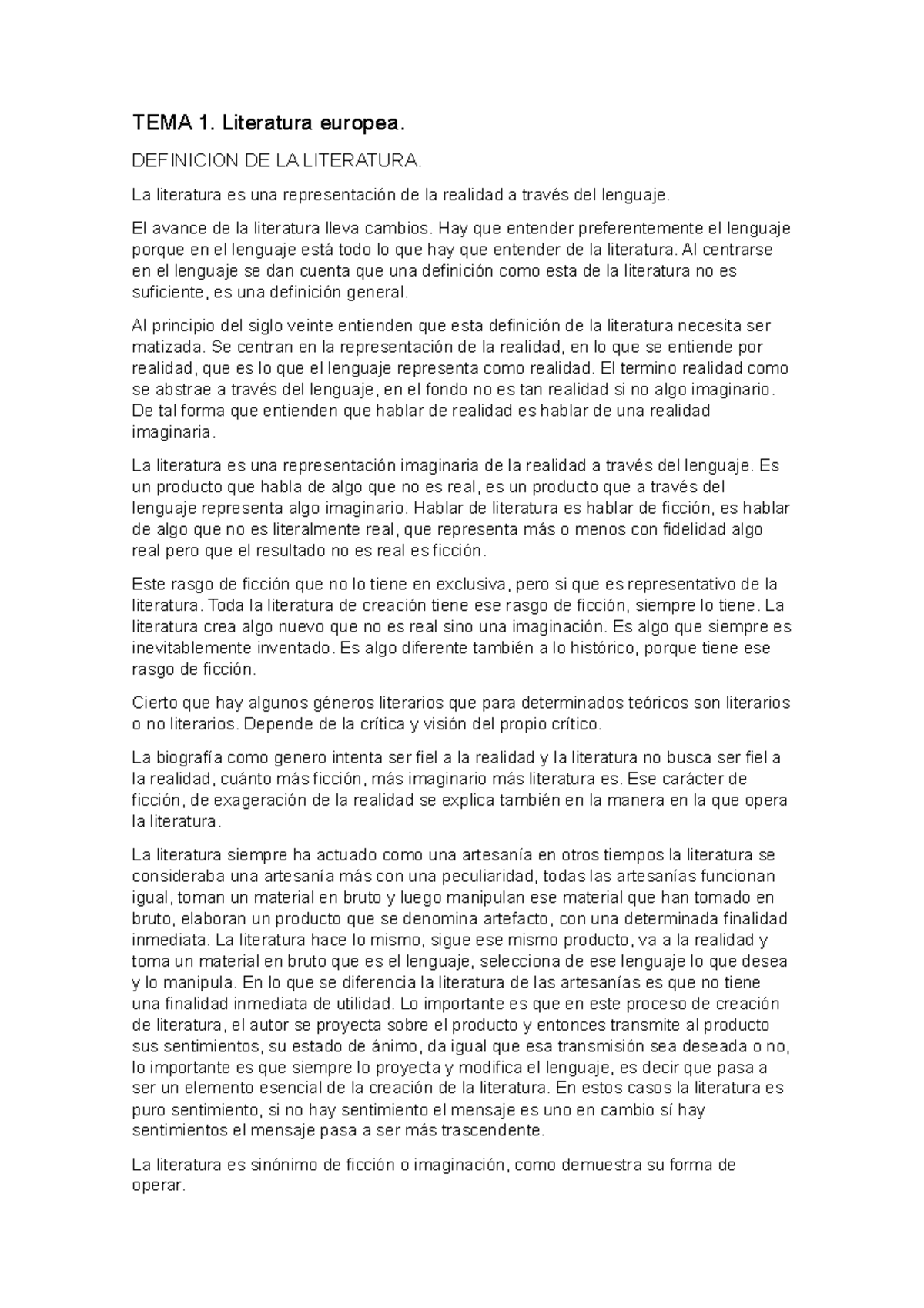 TEMA 1 - concepto de literatura - TEMA 1. Literatura europea ...