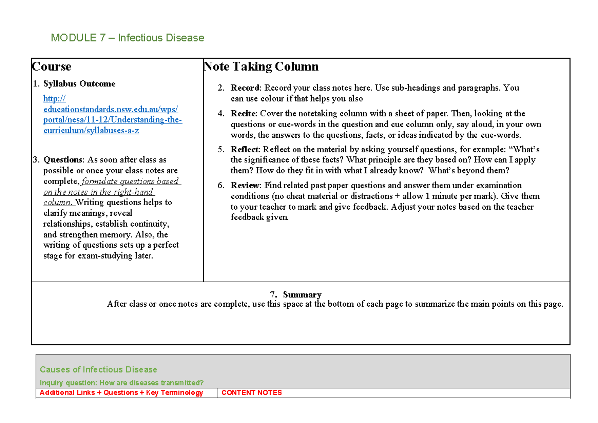 Module 7 Scaffold for Student Notes - MODULE 7 – Infectious Disease ...