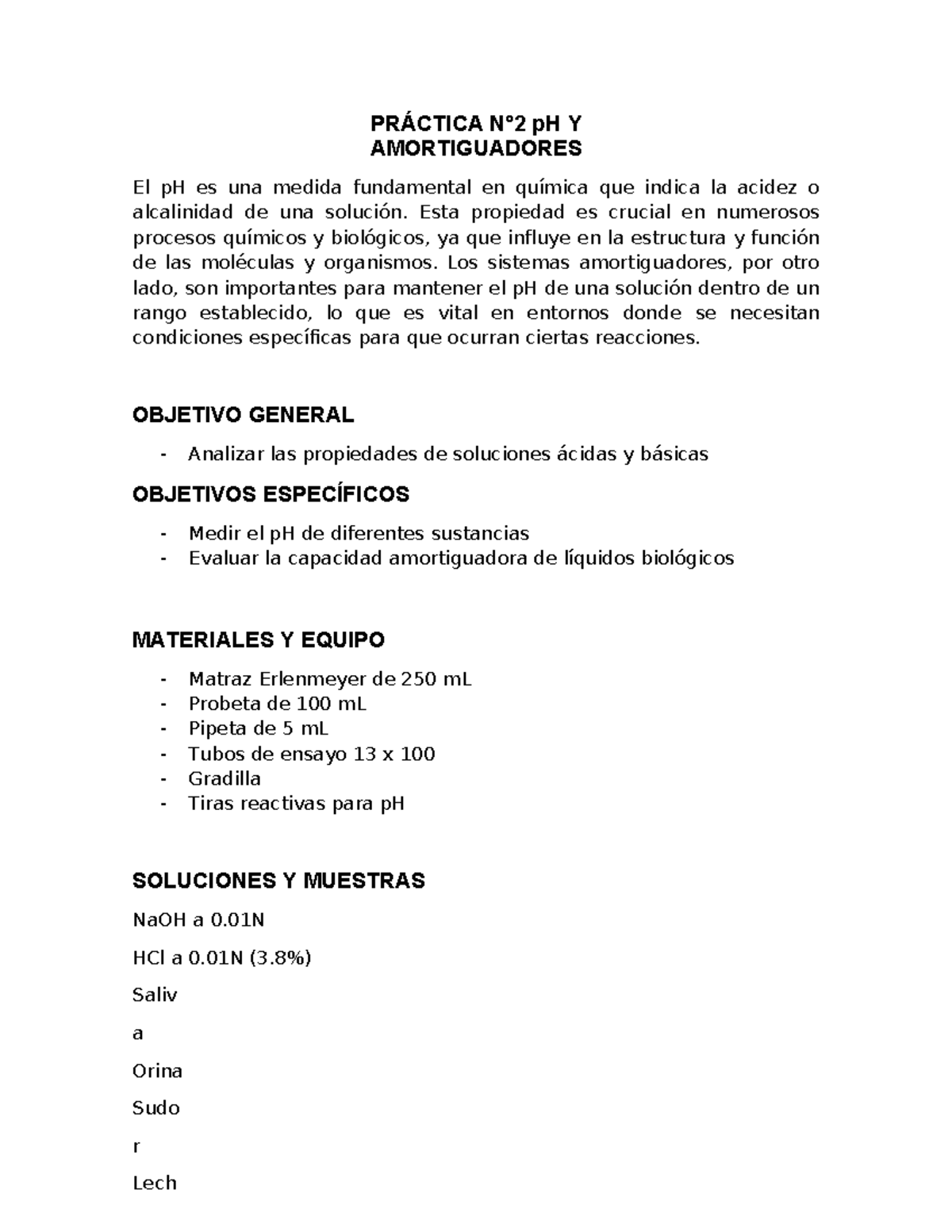 Practica 2 - Bioquímica - PRÁCTICA N°2 pH Y AMORTIGUADORES El pH es una medida fundamental en ...
