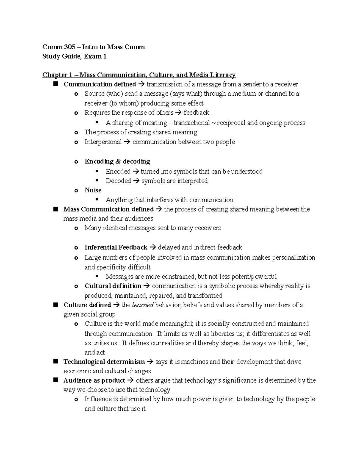 Study guide 1 - Comm 305 – Intro to Mass Comm Study Guide, Exam 1 ...