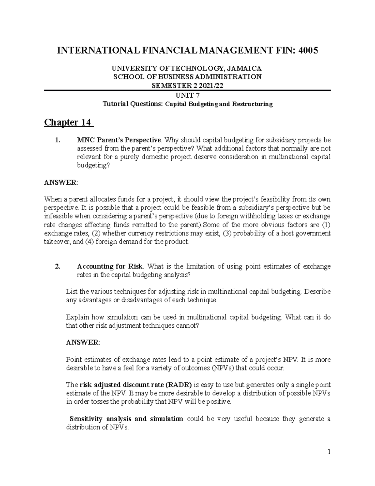 FIN 4005 IFM Unit 7 tutorial - INTERNATIONAL FINANCIAL MANAGEMENT FIN ...