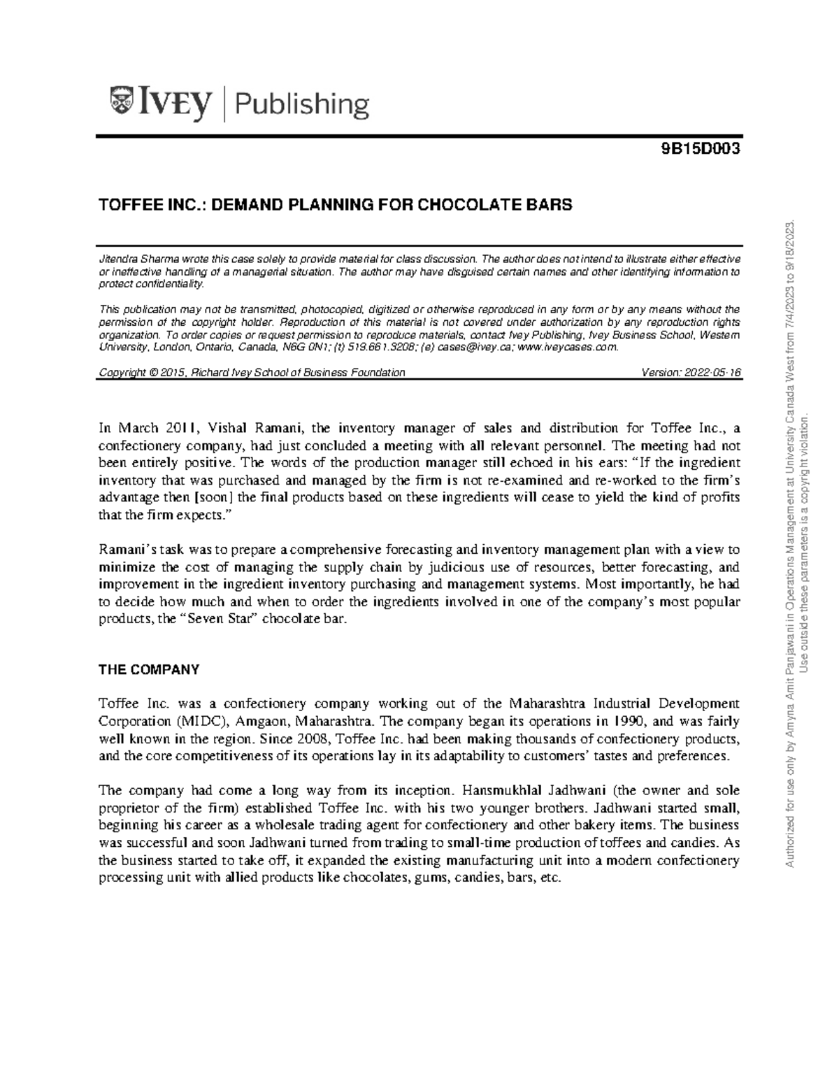 9B15D003 pcu - This is the TOFFEE INC.: DEMAND PLANNING FOR CHOCOLATE ...