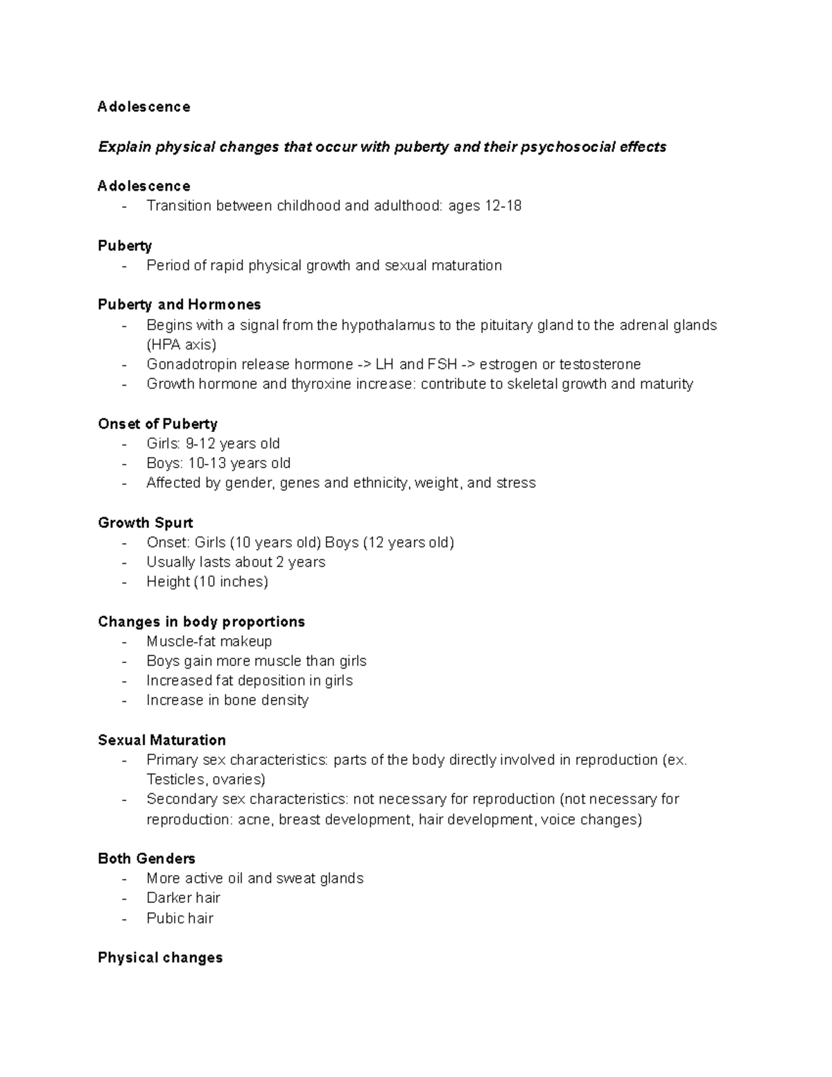 Nursing 11 07 22 Notes - Adolescence Explain physical changes that ...