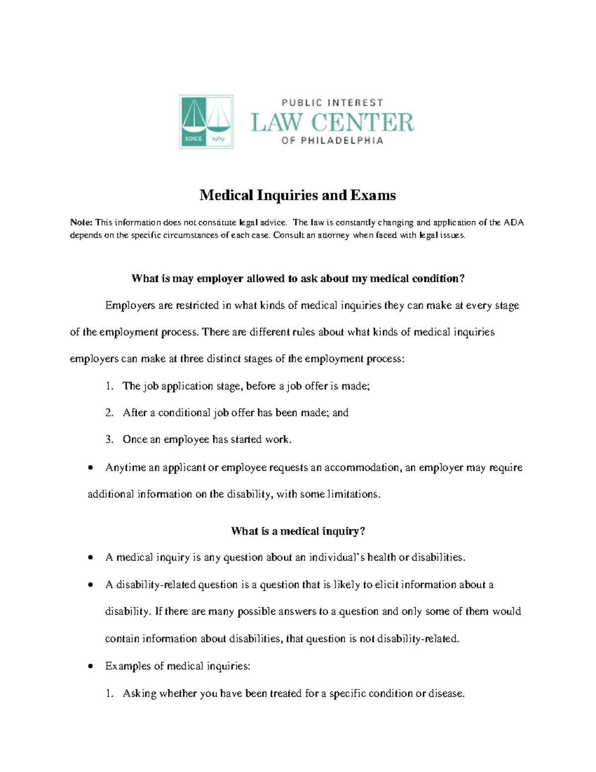 Medical Inquiries and Exams - Medical Inquiries and Exams Note: depends ...