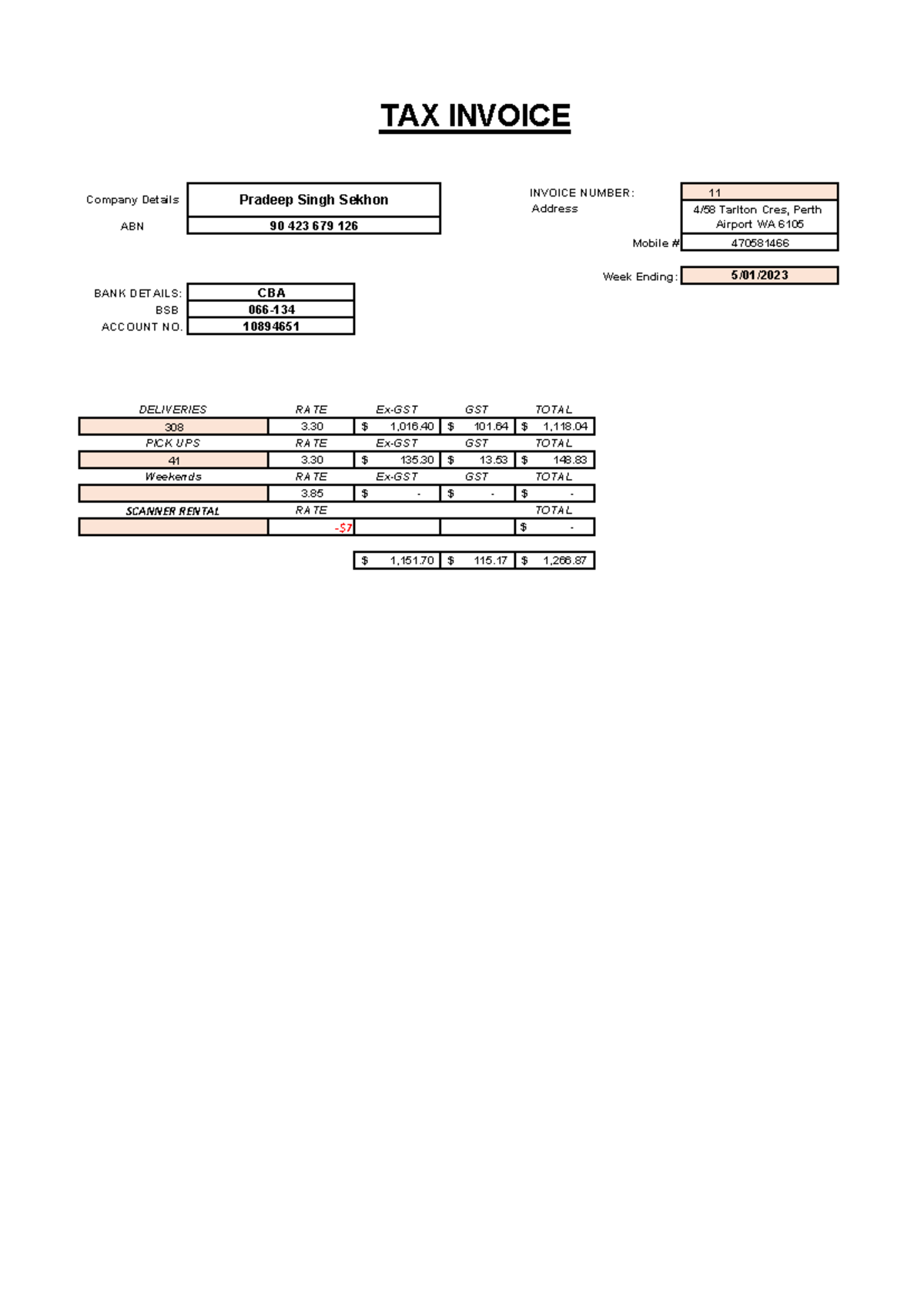 Pradeep singh missing invoices - INVOICE NUMBER: 11 Address ABN Mobile ...