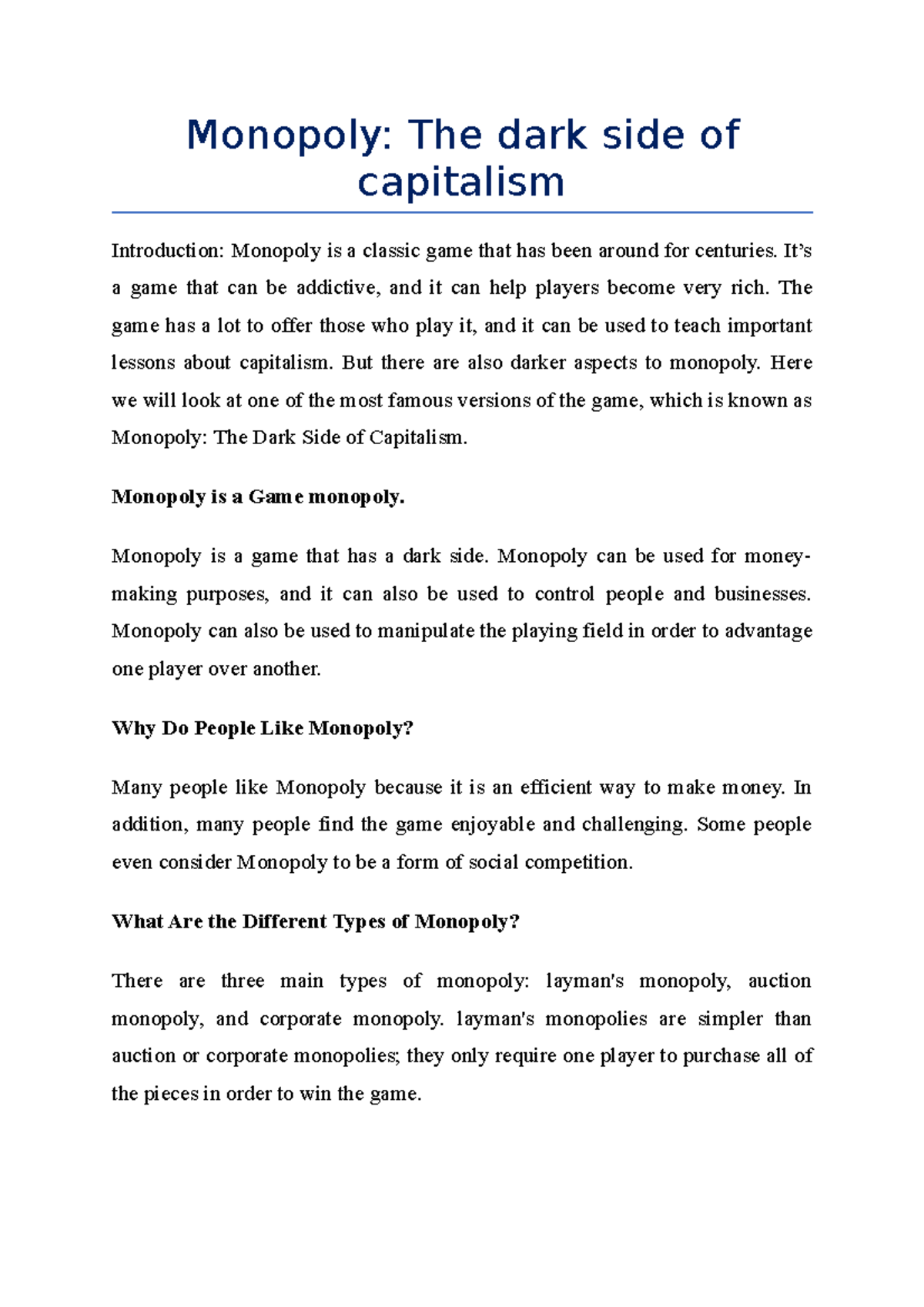 Monopoly, The dark side of capitalism - Monopoly: The dark side of ...