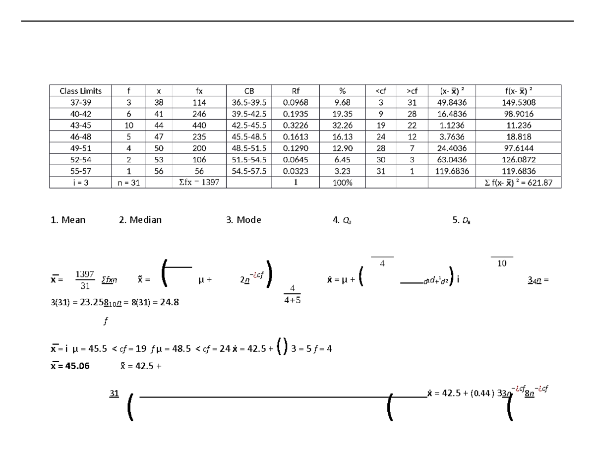 81Kd0n RTC5gy - Lecture Notes - 1. Mean 2. Median 3. Mode 4. Q 3 5. D 8 ...