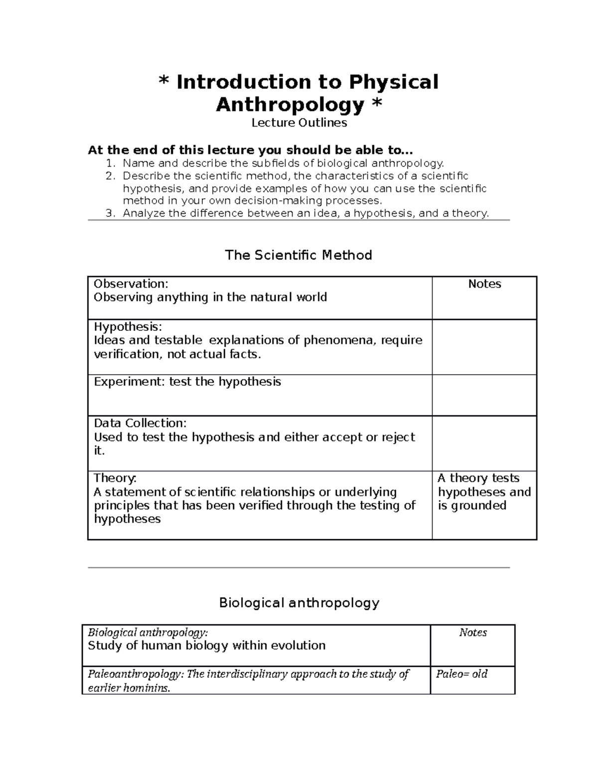 Module 1 Outline - * Introduction to Physical Anthropology * Lecture ...