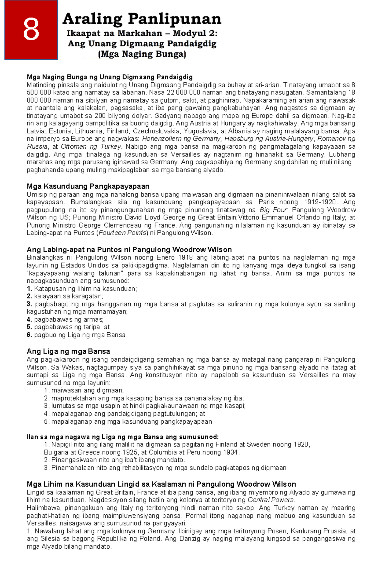 Araling Panlipunan8-Q4-Module2 - 8 Mga Naging Bunga ng Unang Digmaang ...