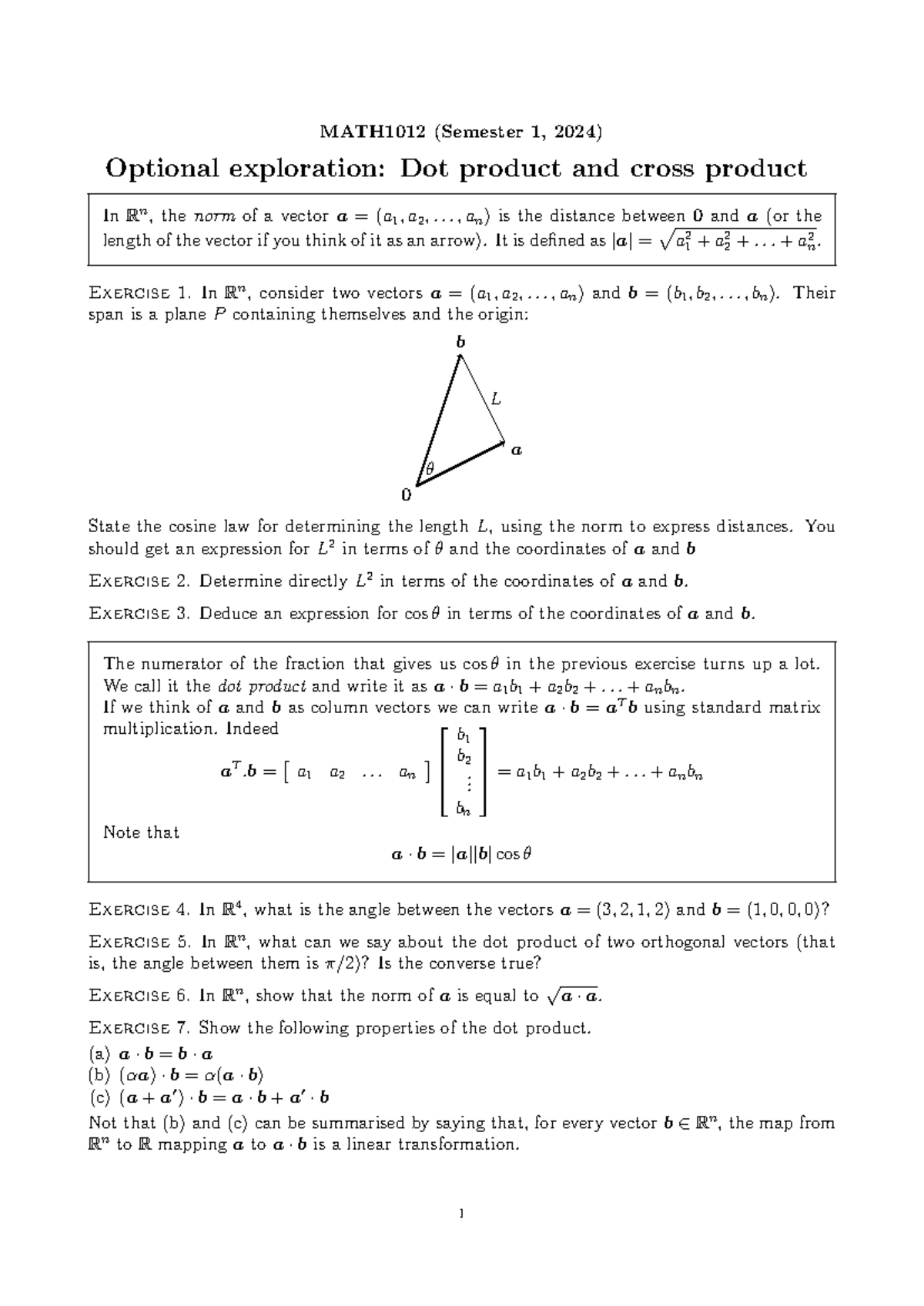 dot and cross product help - MATH1012 (Semester 1, 2024) Optional ...