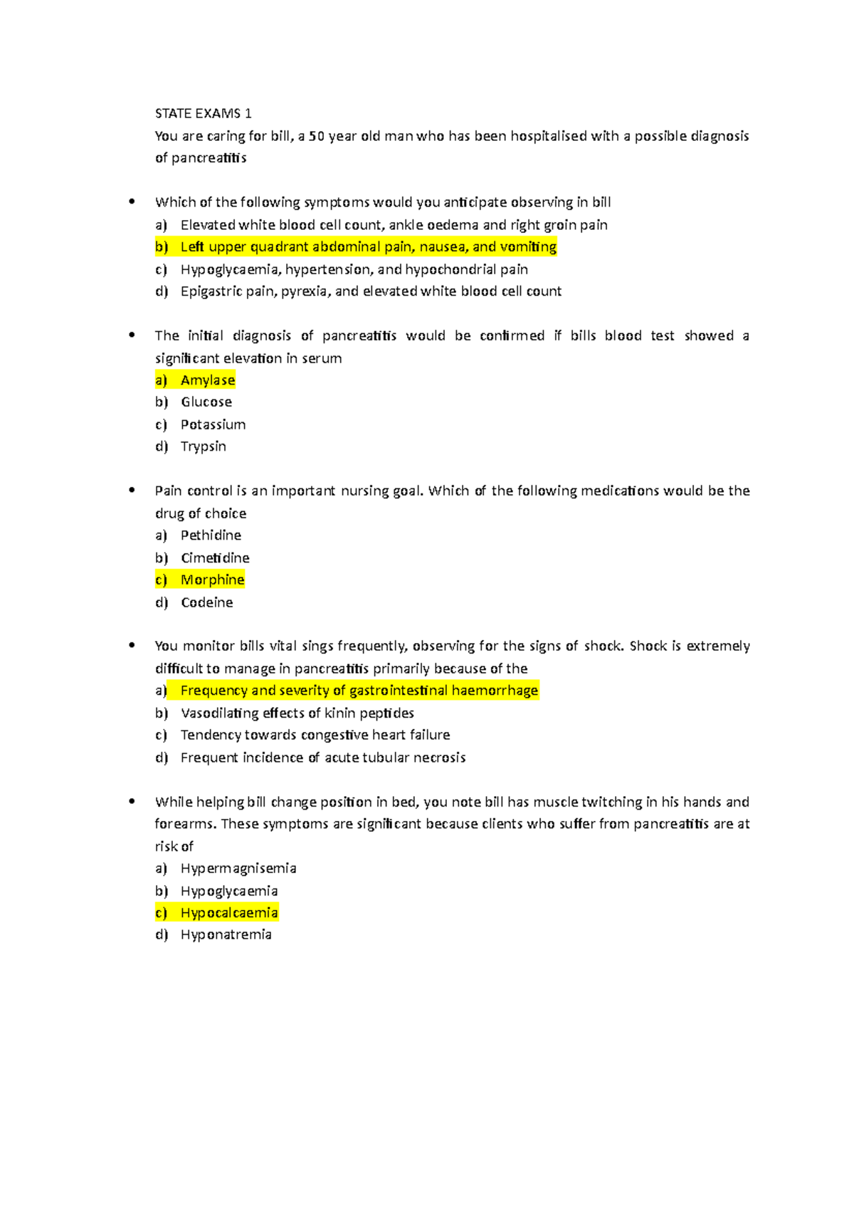 State Exams 1 completed - STATE EXAMS 1 You are caring for bill, a 50 ...