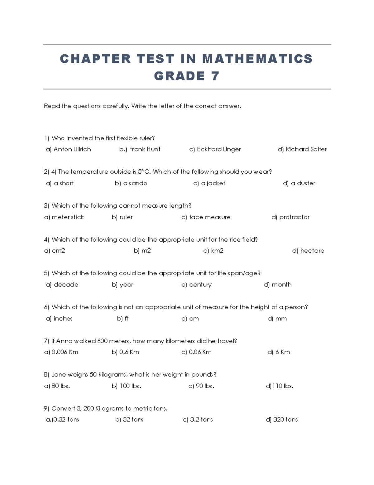 Grade 7 Mathematics Chapter Test - All about measurements - CHAPTER ...