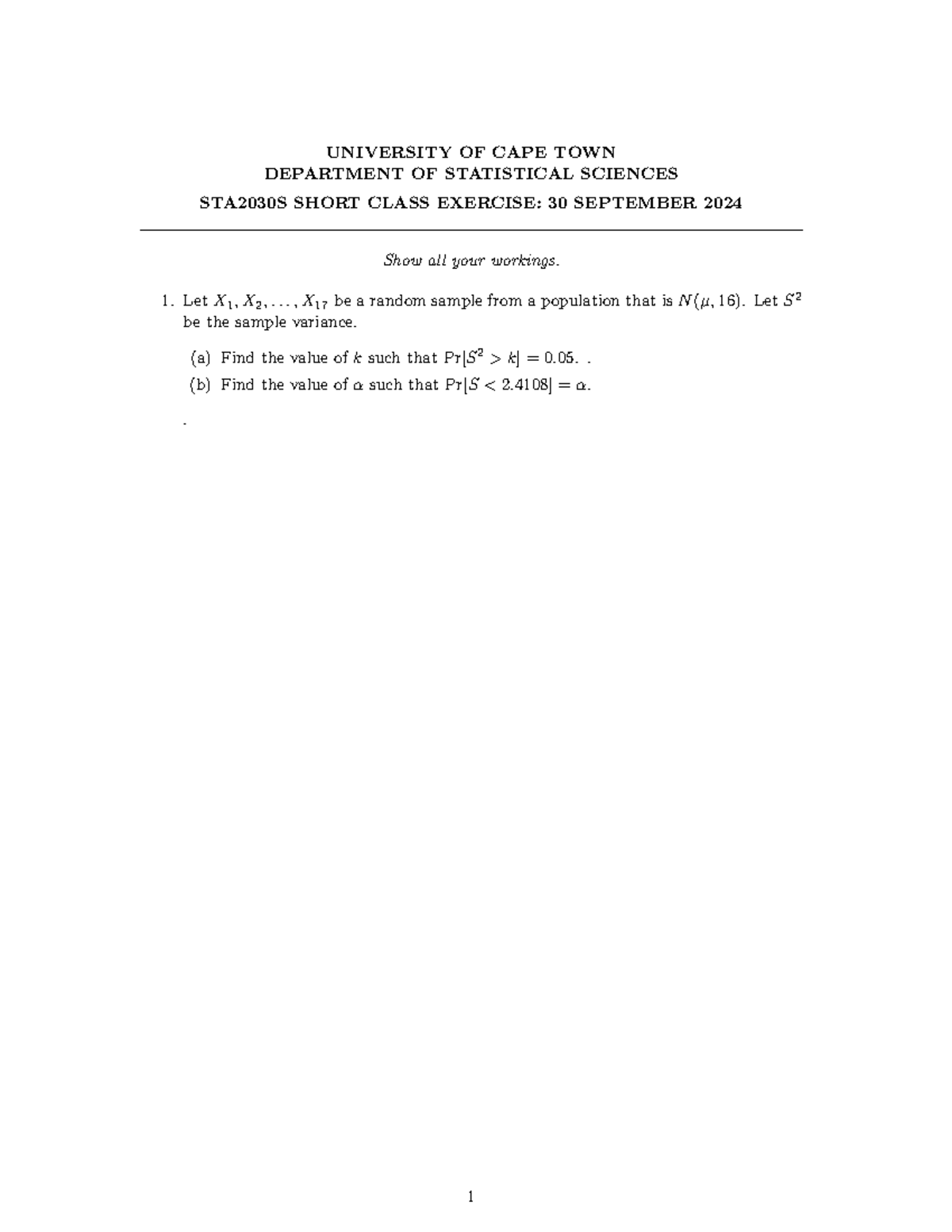 STA2030S Short Class Exercise Chapter 4 - STA2030S - UNIVERSITY OF CAPE ...