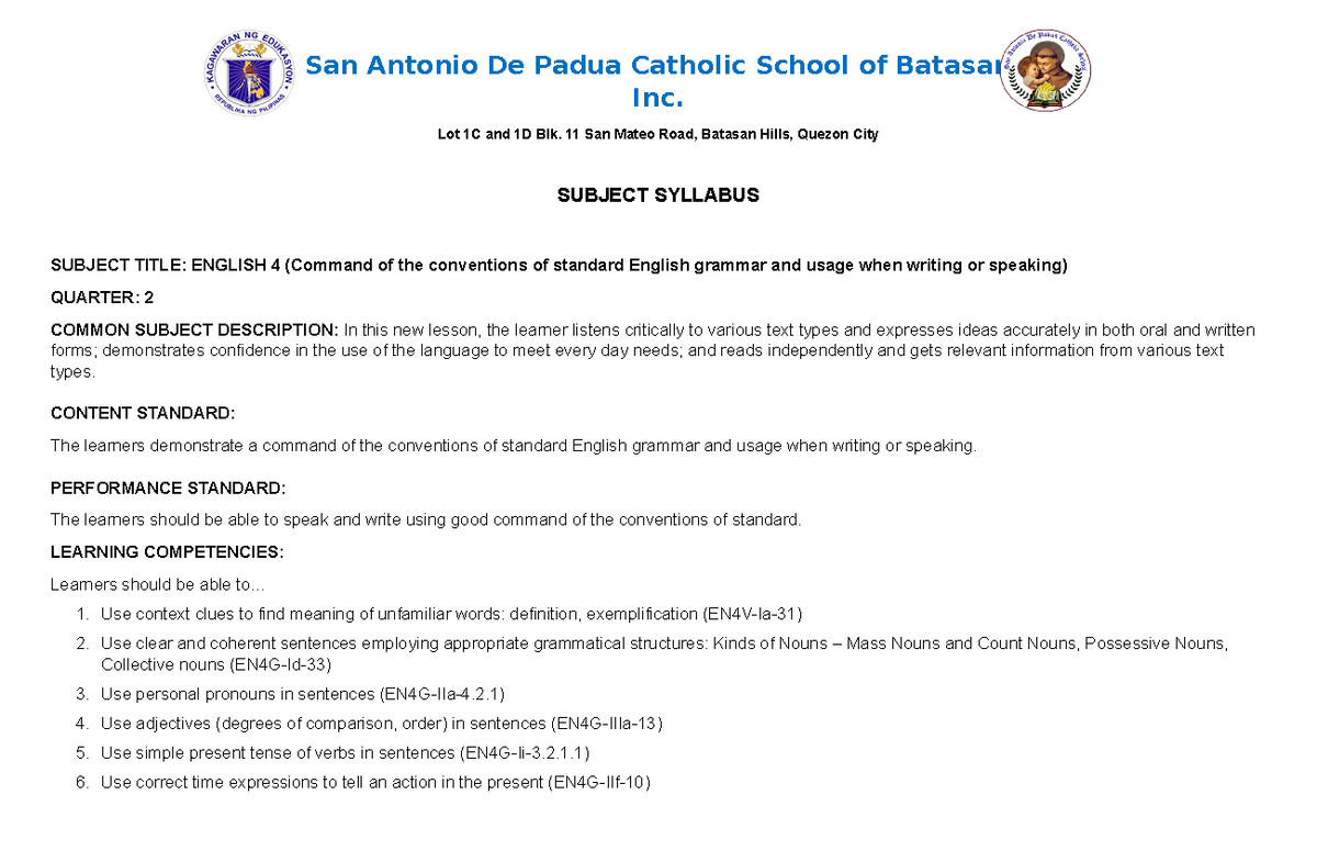 Syllabus IN English 4-Q2 - San Antonio De Padua Catholic School of ...
