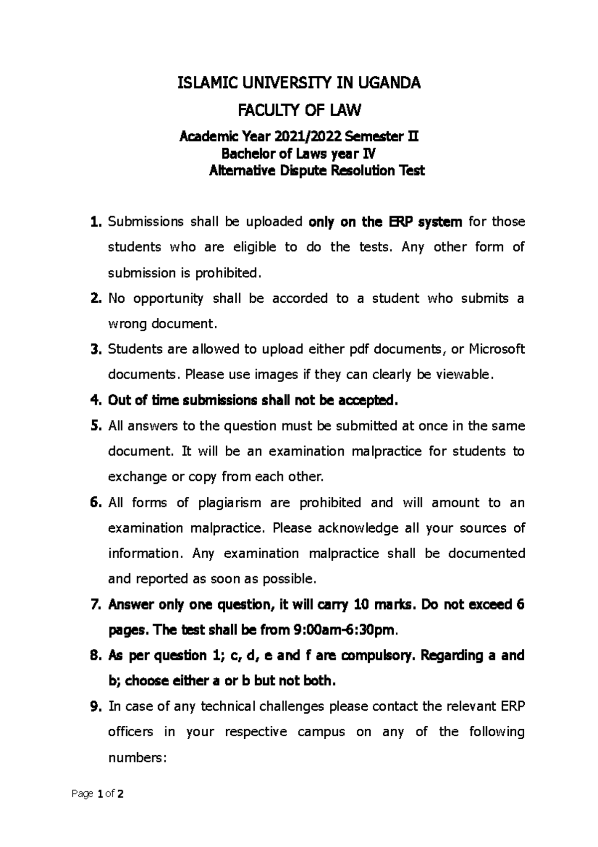 3276 ADR test - Good for reading - ISLAMIC UNIVERSITY IN UGANDA FACULTY ...