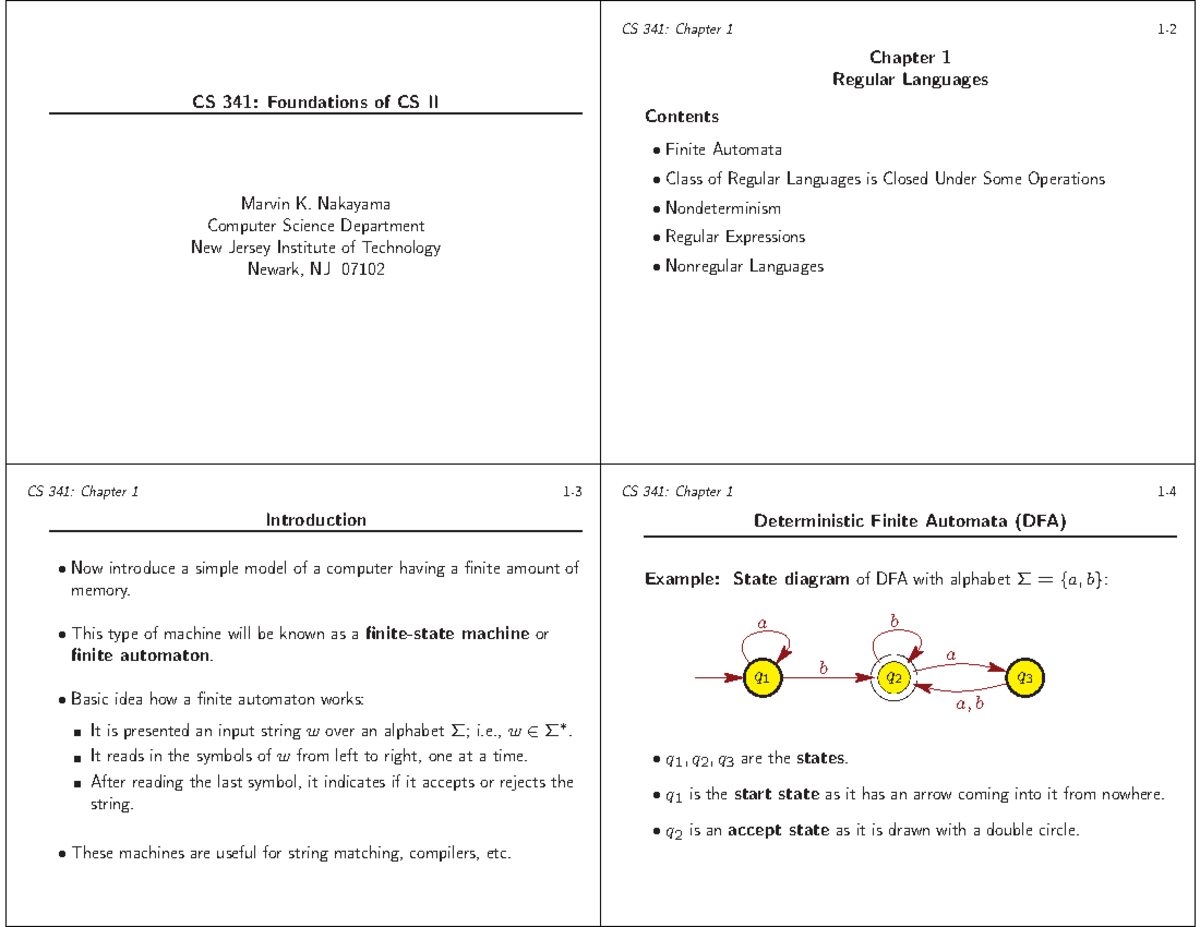 Chap01-handout 4 - CS 341: Foundations of CS II Marvin K. Nakayama Computer Science Department ...