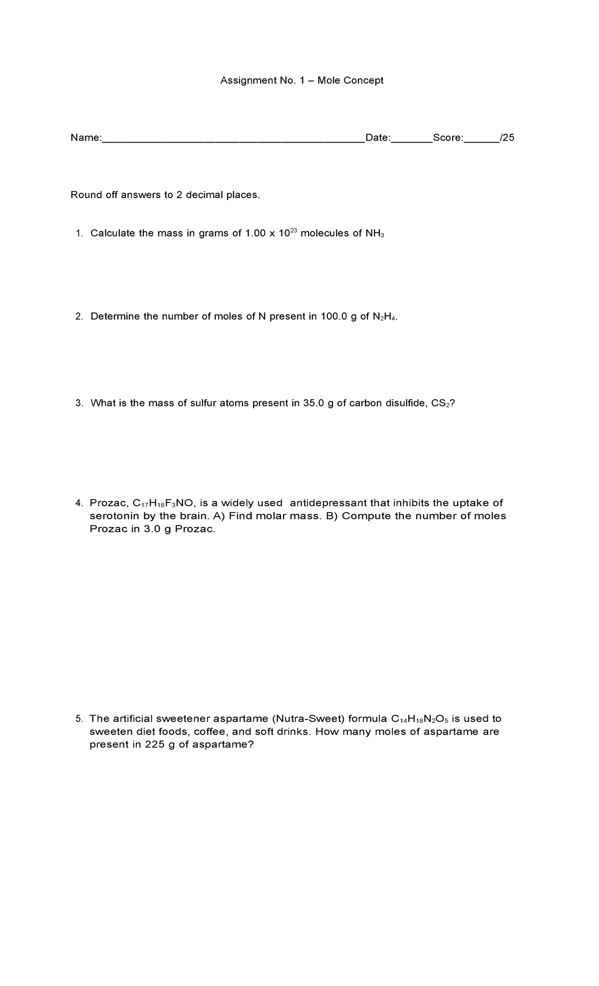 Assignment No.1 - Mole Concept - Assignment No. 1 – Mole Concept - Studocu