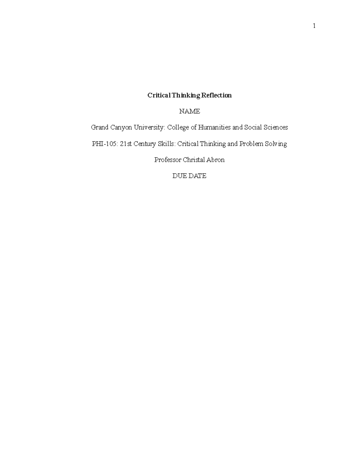 APA 7th edition Template - Critical Thinking Reflection NAME Grand ...