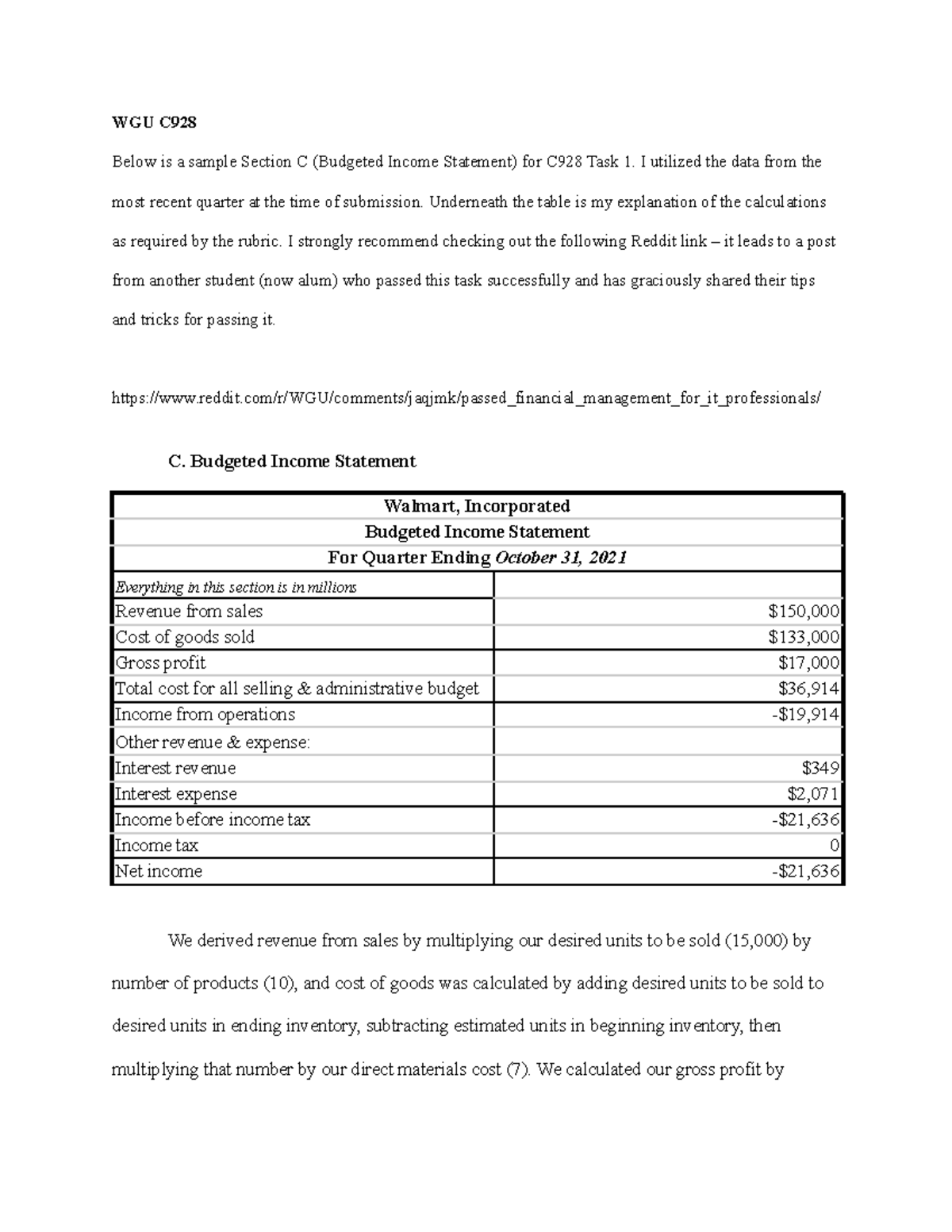 Section C Budgeted Income Statement | WGU C928 Task 1 - WGU C Below is ...