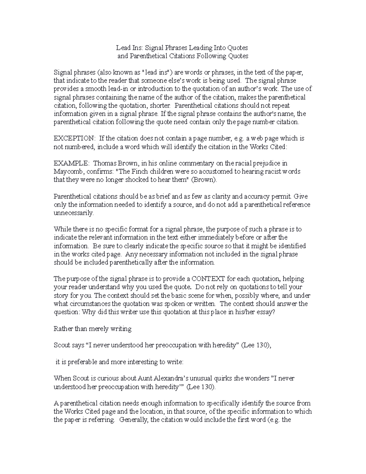 Notes on Lead Ins: Signal Phrases Leading Into Quotes and Parenthetical ...