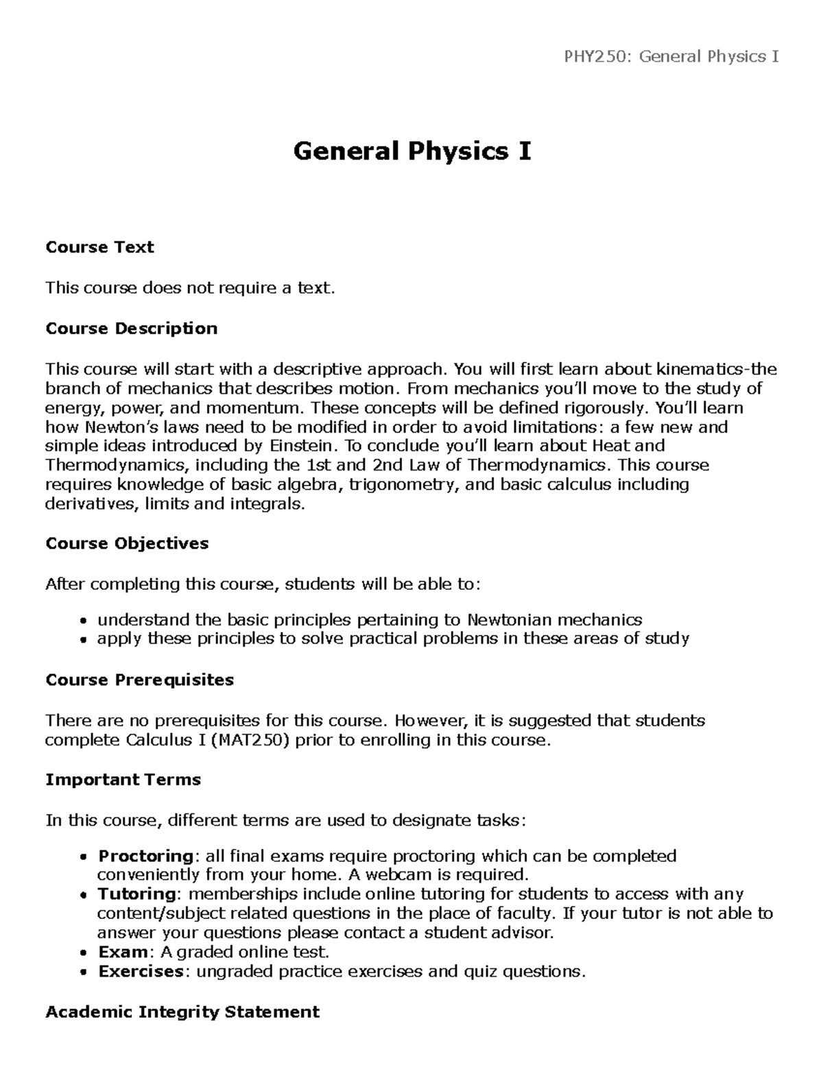 PHY250 General Physics I - PHY250: General Physics I General Physics I ...