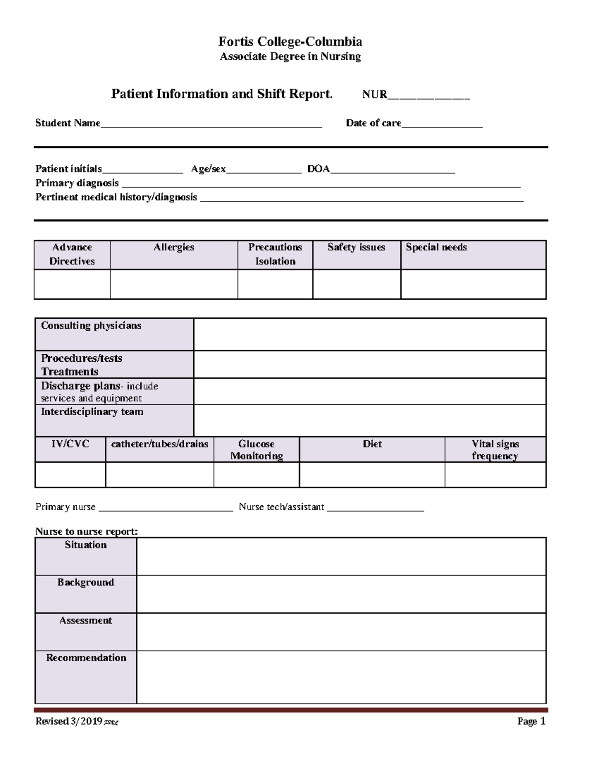 Care Plan- Blank template (1) - Fortis College-Columbia Associate ...