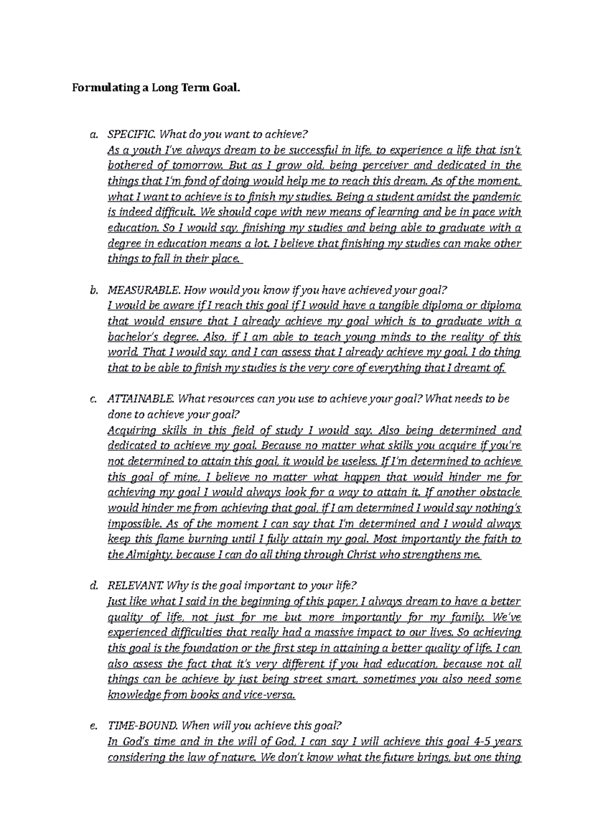 LONG TERM GOAL - Lecture notes 4 - Understanding the Self - PangSU ...