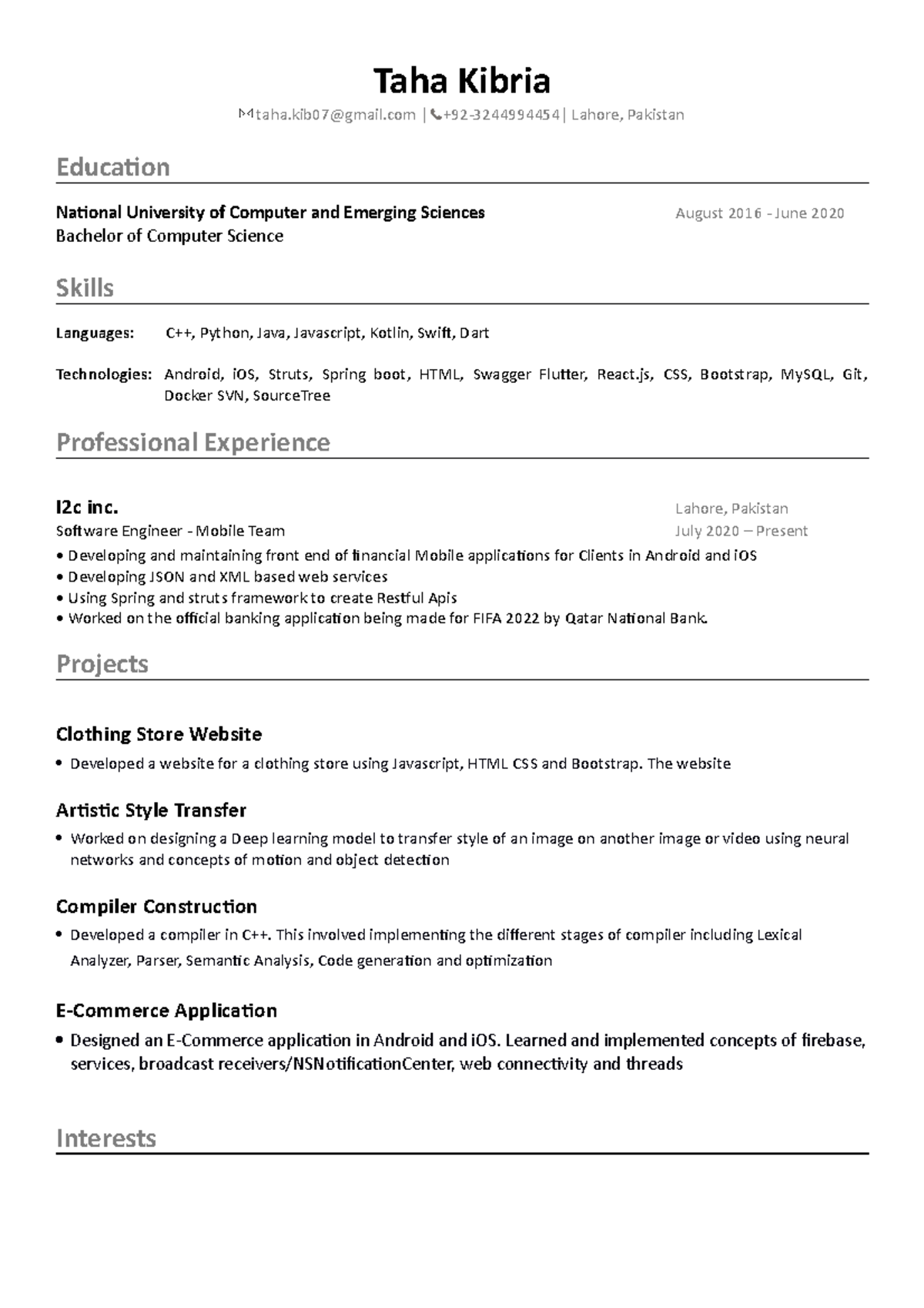 Resume Template - Taha Kibria taha@gmail | +92-3244994454| Lahore ...