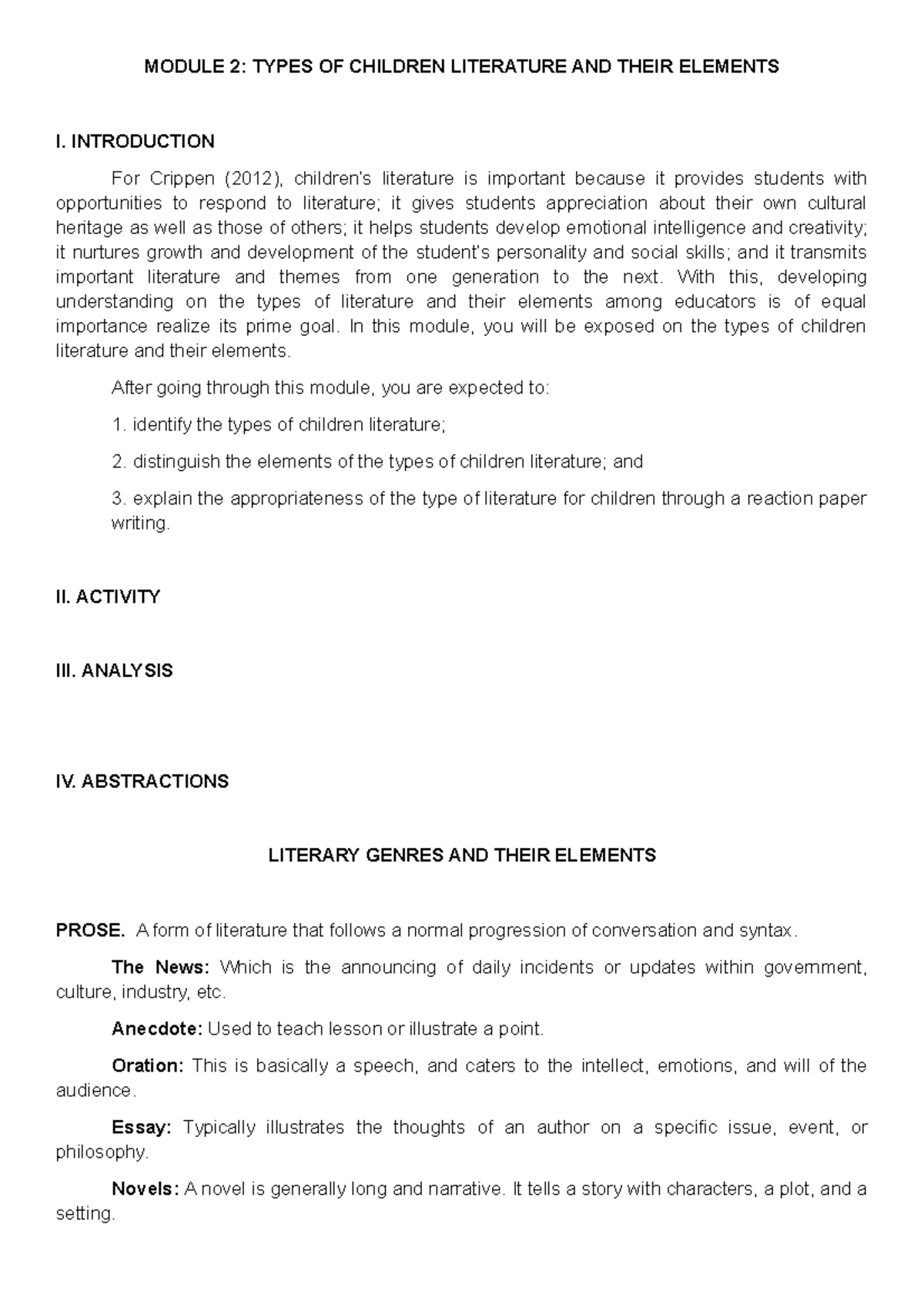 Module-2 - Module-2 - MODULE 2: TYPES OF CHILDREN LITERATURE AND THEIR ...